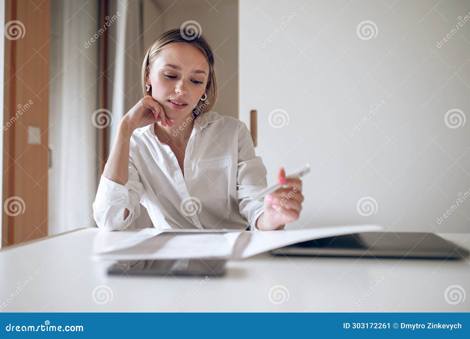 Cute Blonde Young Wo,an Working with Documents Stock Image - Image of ...