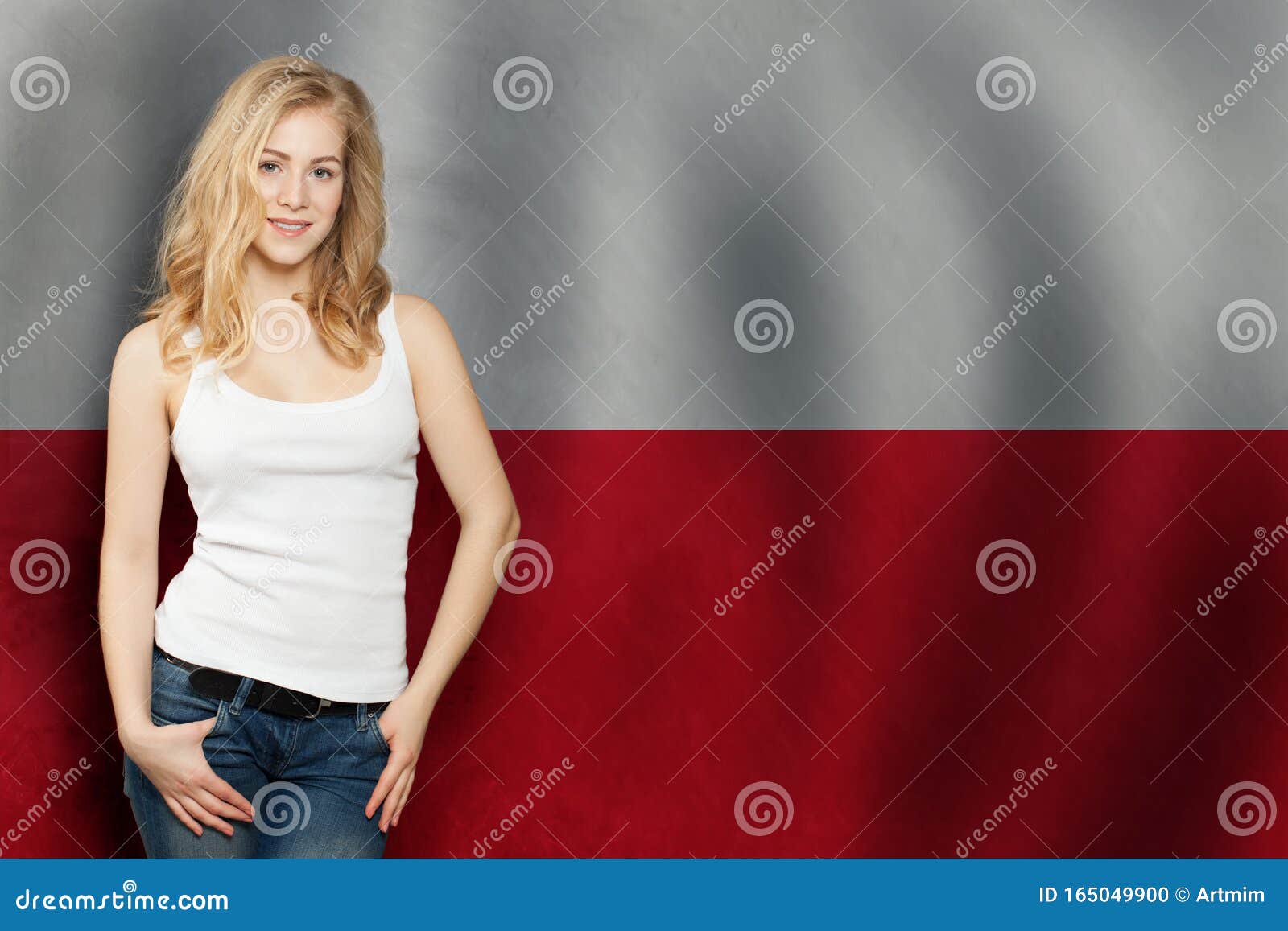 Cute Blonde Young Woman On The Poland Flag Background Travel And Learn Polish Language Concept 2340