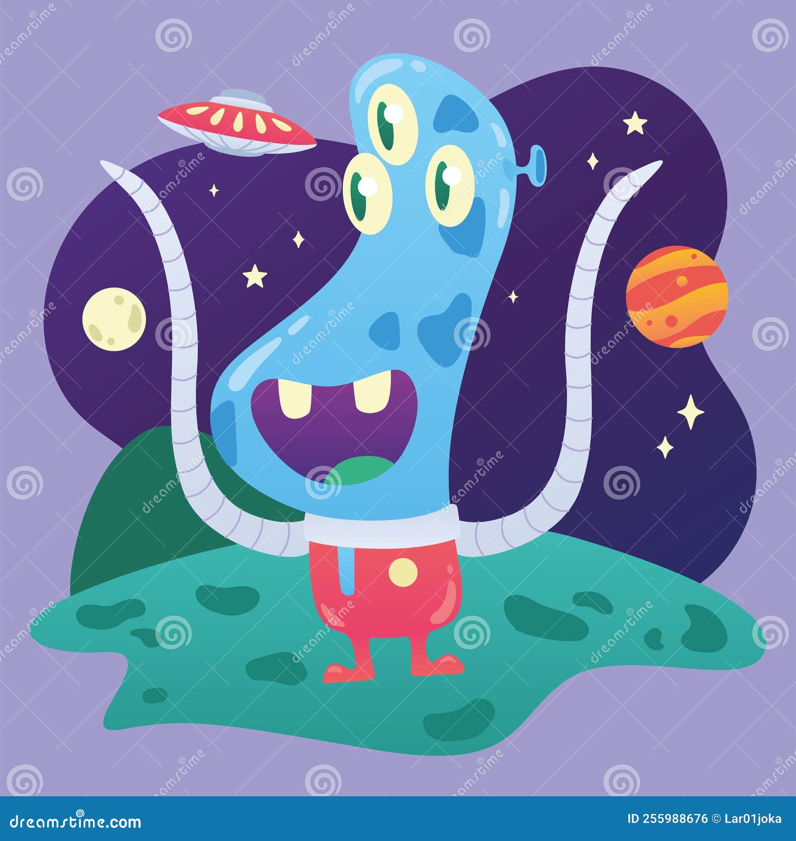 Cute Blue Alien Character with Three Eyes and Tentacles Vector Stock ...