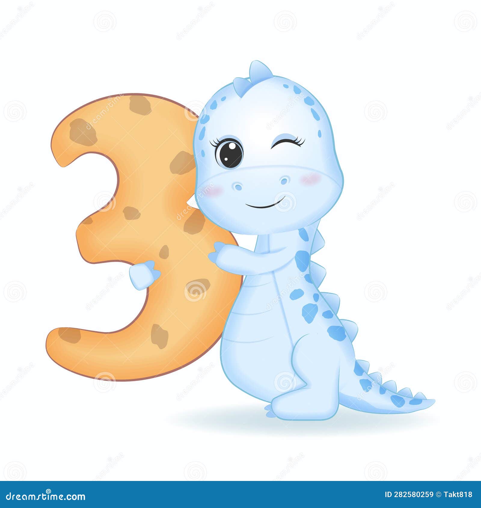 Cute Blue Dinosaur with Number 3 Stock Vector - Illustration of kids ...