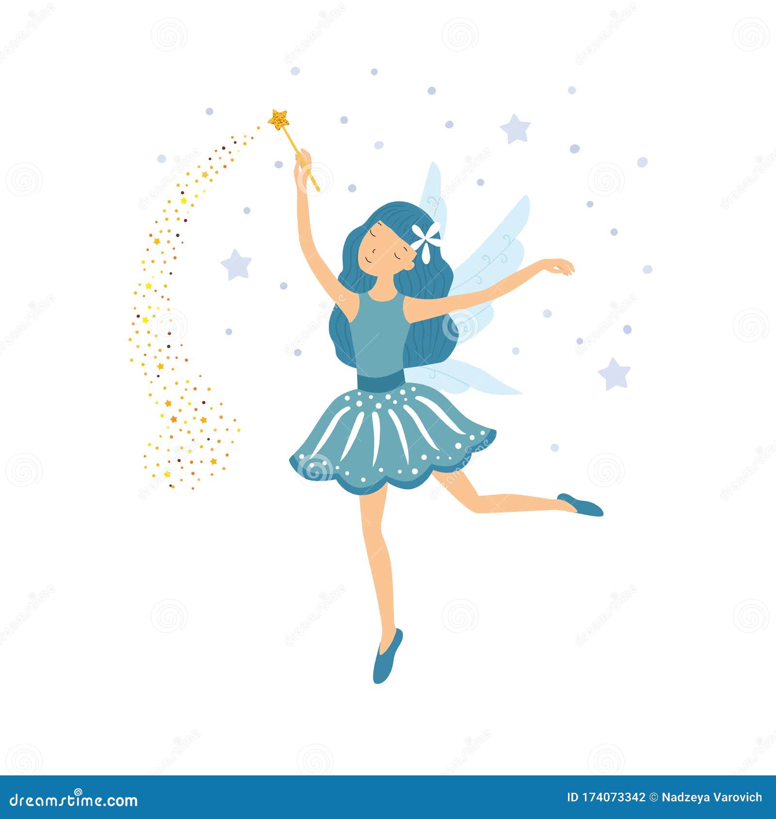 Cute Blue Fairy in Flight with a Magic Wand Stock Vector - Illustration ...