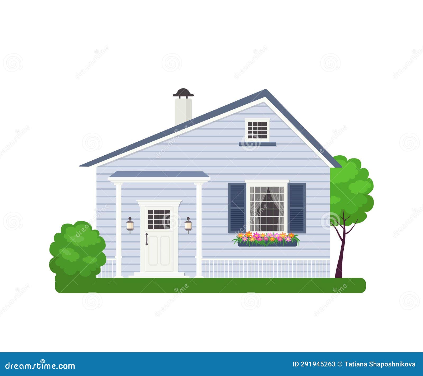 Cute Blue House with Columns, Isolated on White Background Stock ...