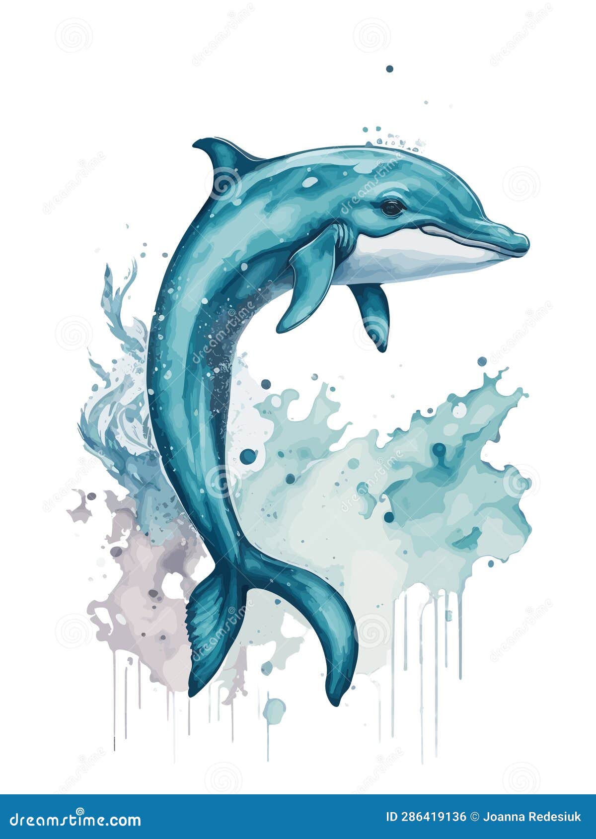 Cute Blue Jumping Dolphin Watercolor Graphics Stock Illustration ...