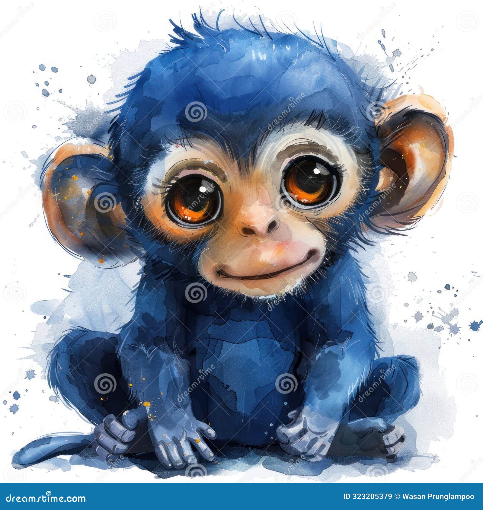 Cute Blue Monkey with Big Brown Eyes Sitting on a White Background ...