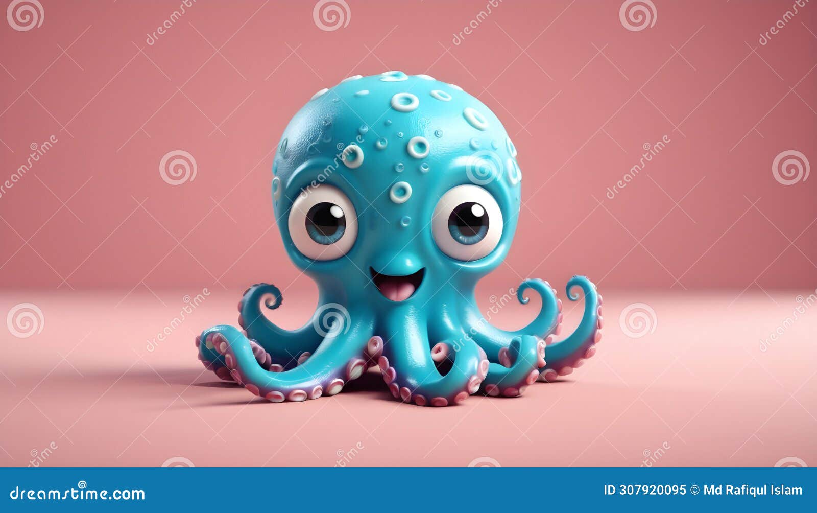 Cute Blue Octopus on a Pink Background. 3d Rendering Stock Illustration ...