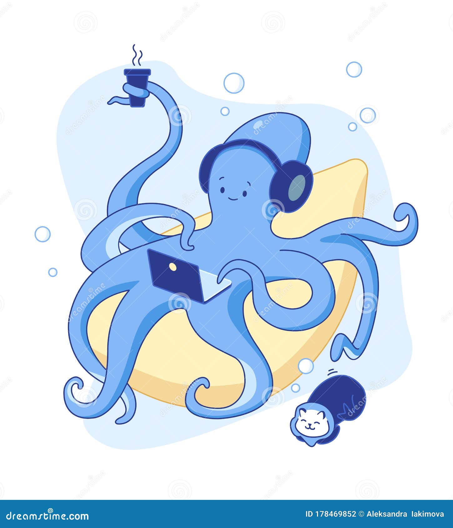 Cute Blue Octopus Works at Home. Work from Home. Stay at Home Stock ...