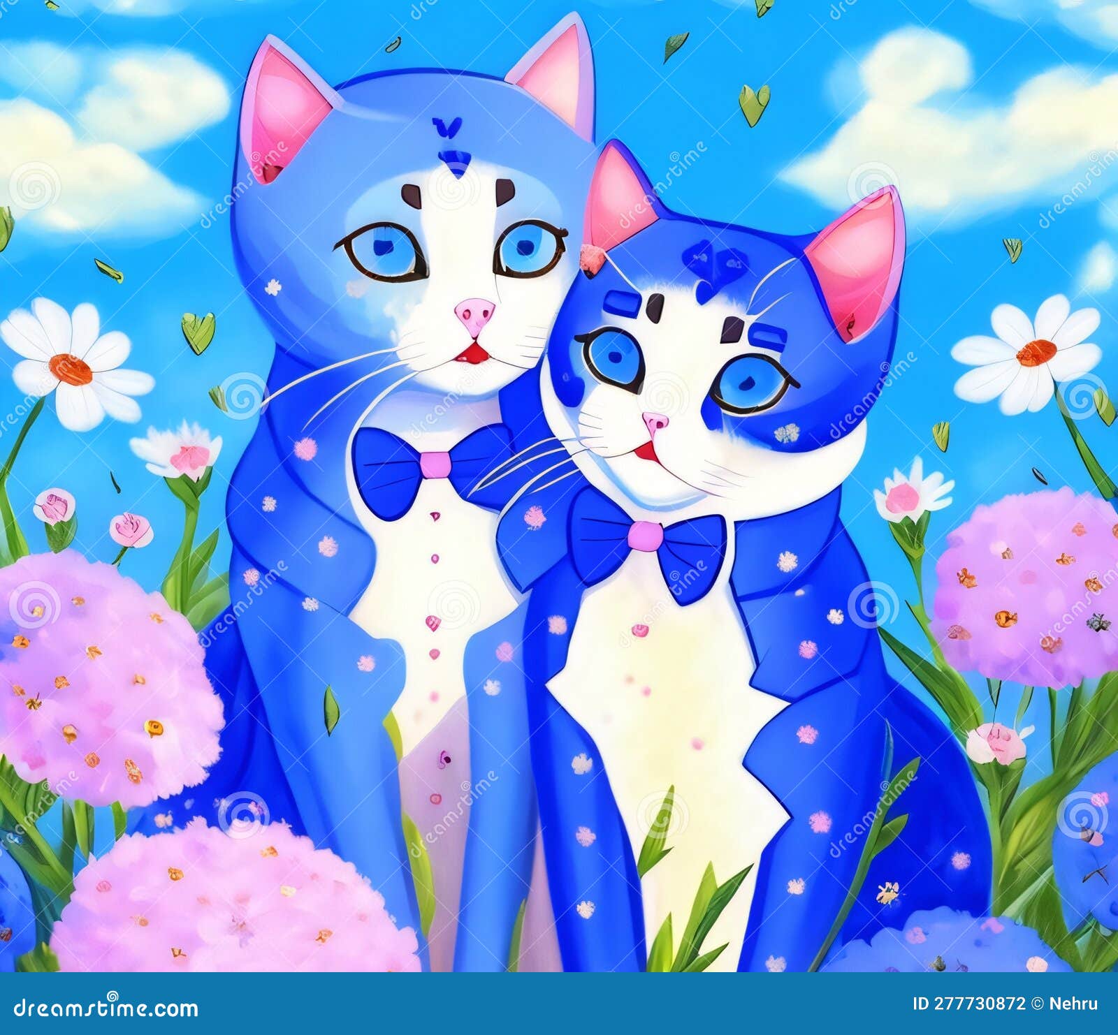 Cute Blue and Pink Cats with Flowers Stock Illustration - Illustration ...
