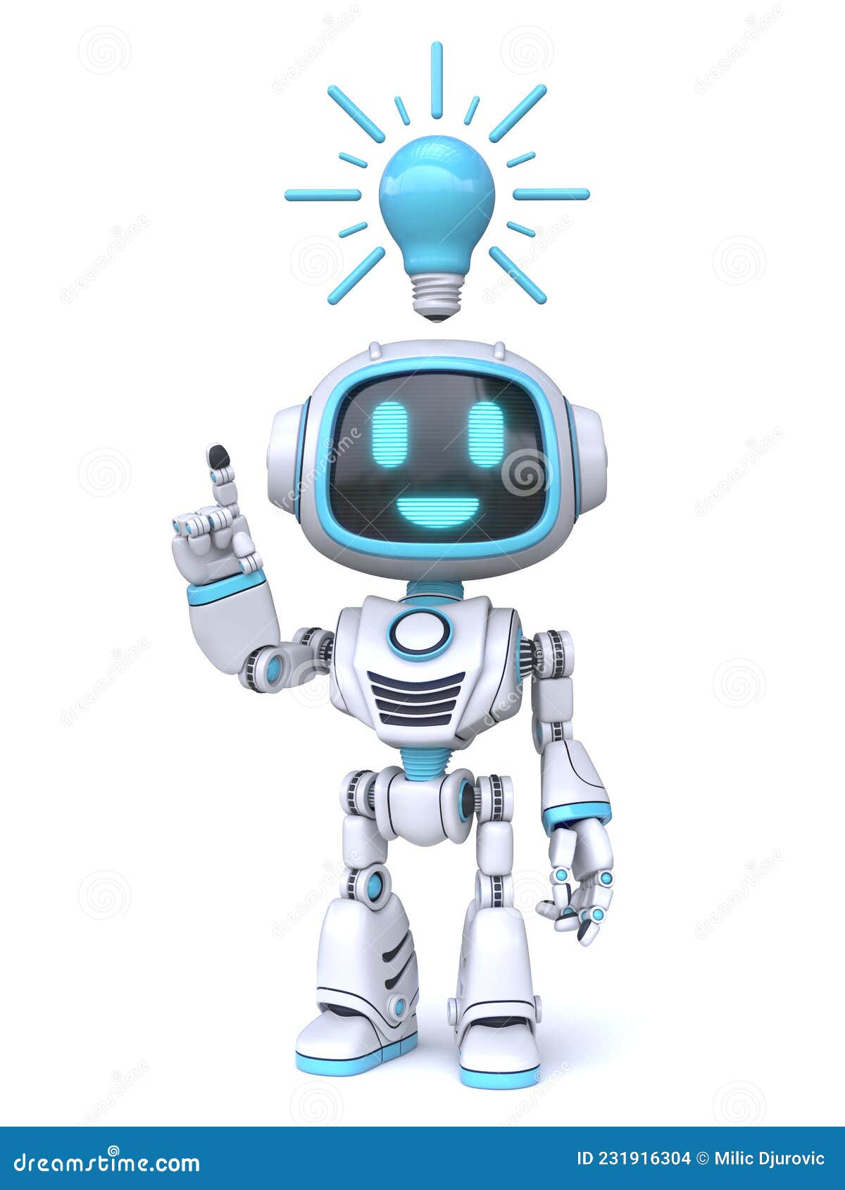 Cute Blue Robot with Blue Light Bulb Have an Idea 3D Stock Illustration ...