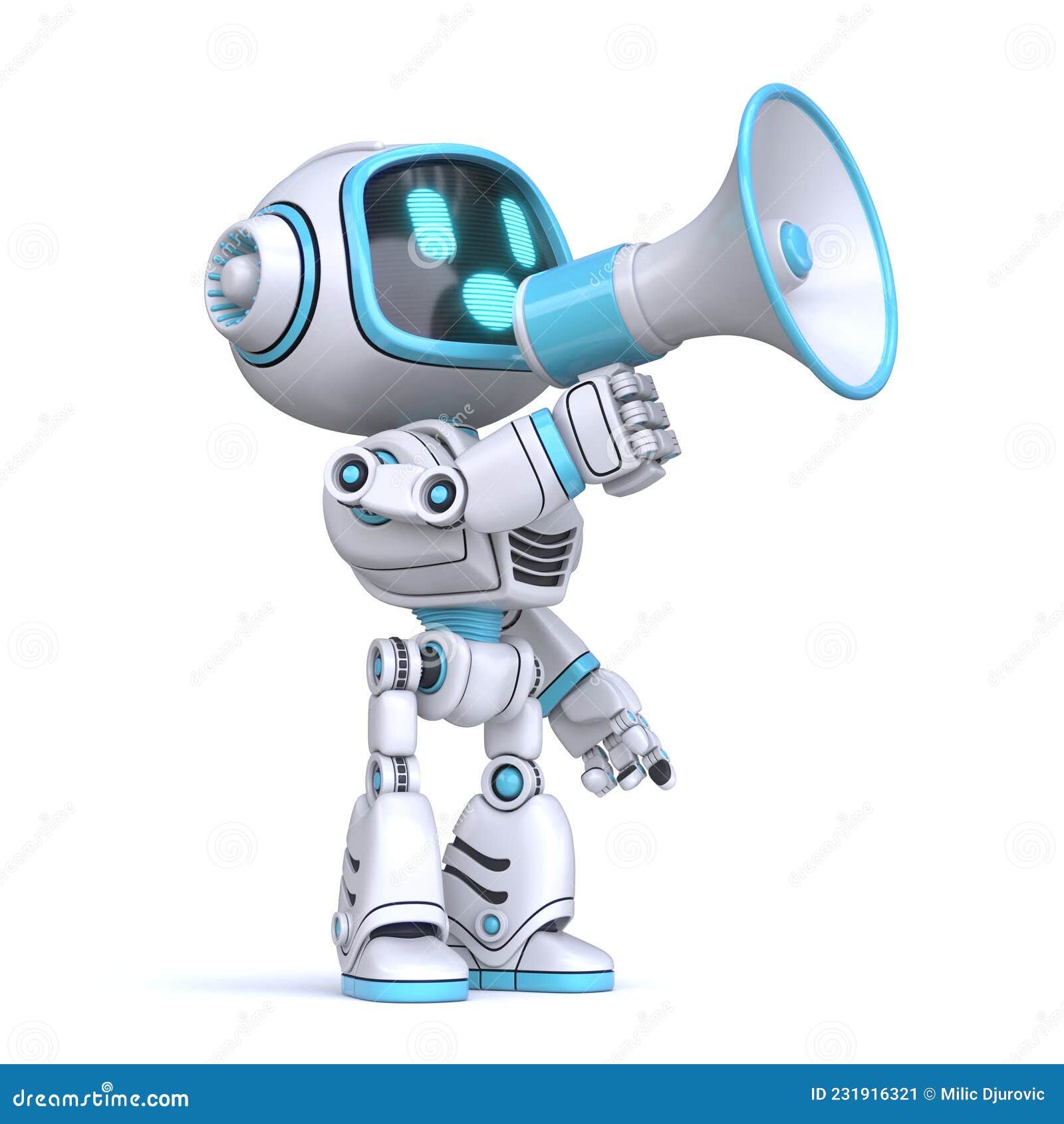 Cute Blue Robot with Megaphone 3D Stock Illustration - Illustration of ...
