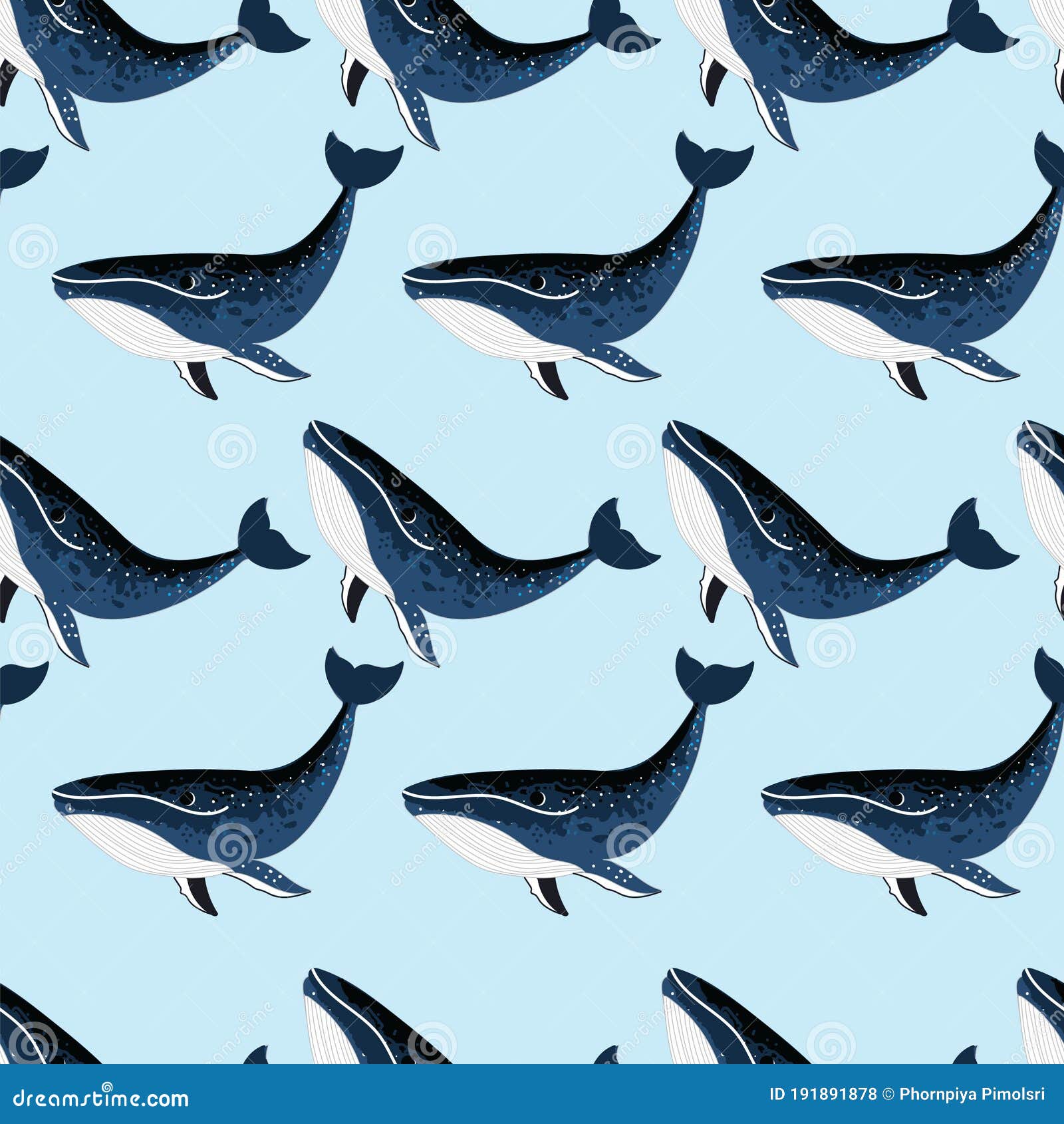 Cute Blue Whale Hand Drawn Illustration Pattern on Light Blue ...