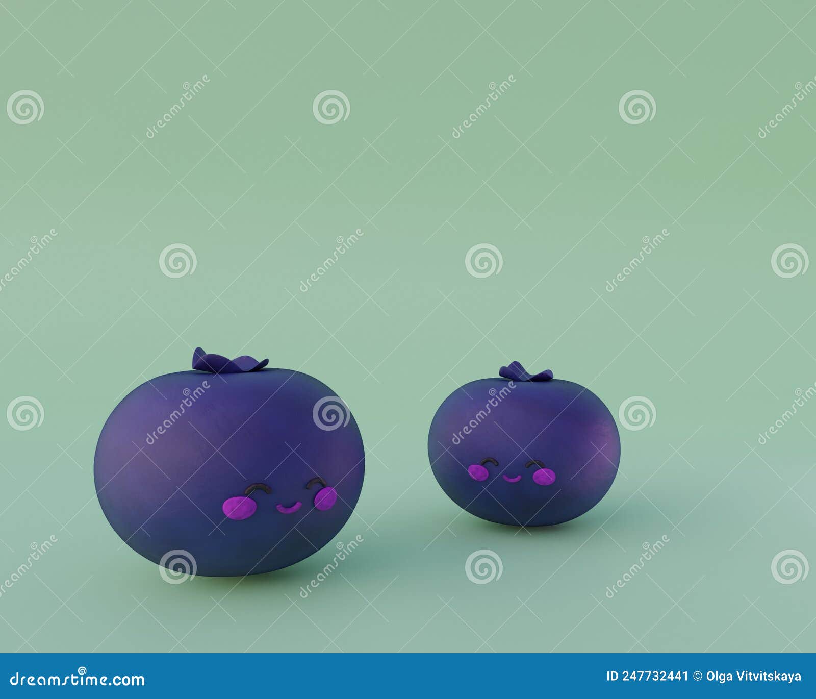 Cute Blueberry with Faces, Cheeks and Eyes, 3d Render Stock ...