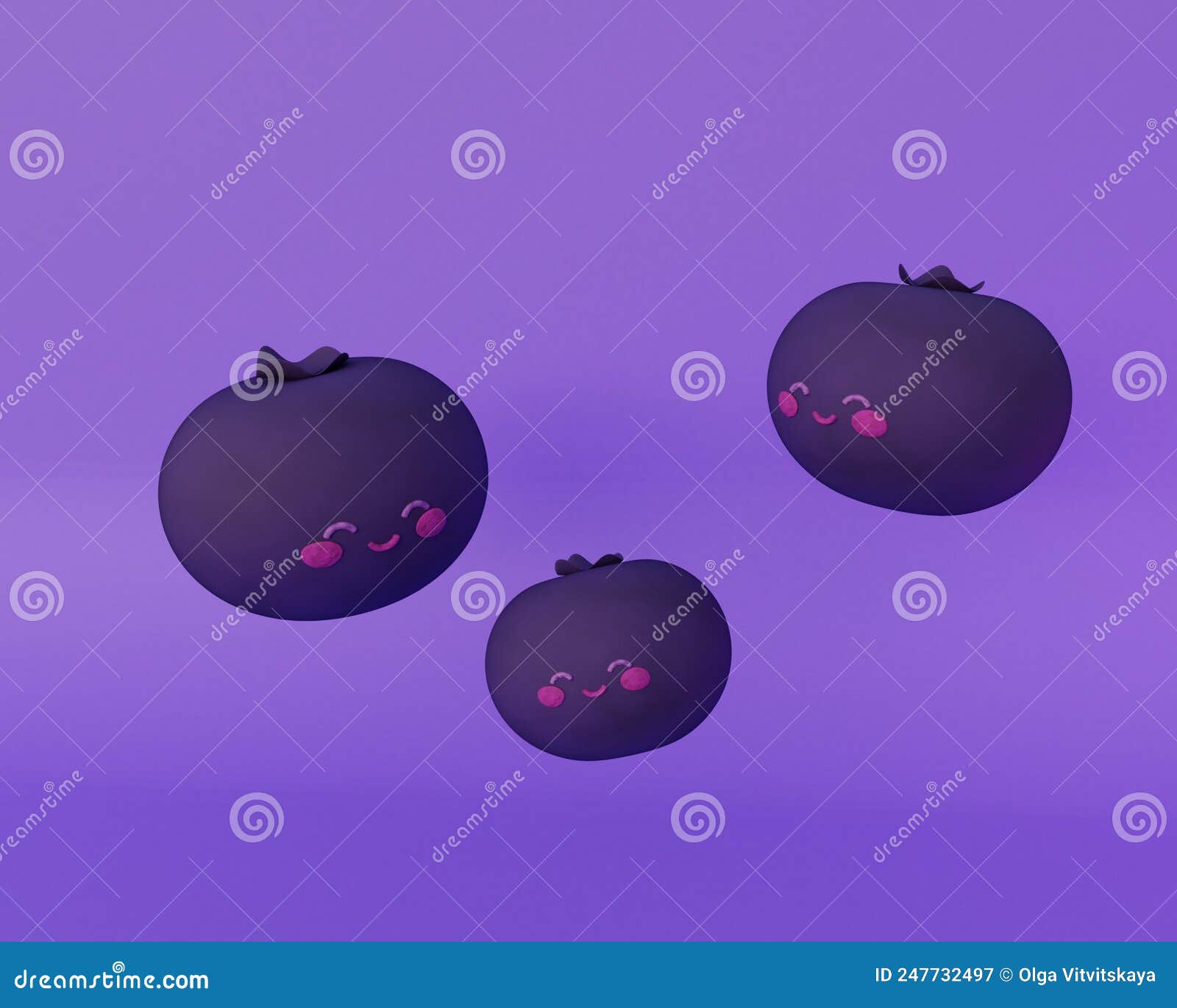 Cute Blueberry with Faces, Cheeks and Eyes, 3d Render Stock ...