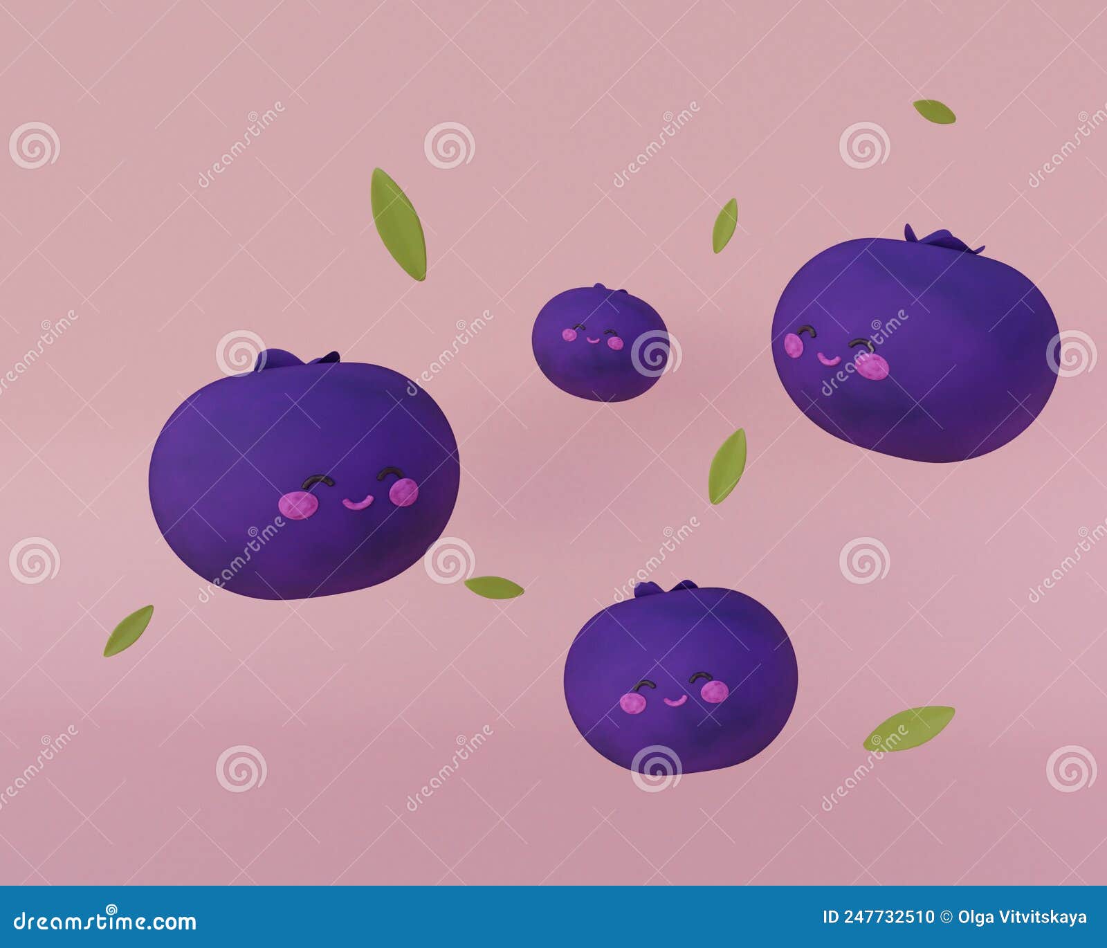Cute Blueberry with Faces, Cheeks and Eyes, 3d Render Stock ...