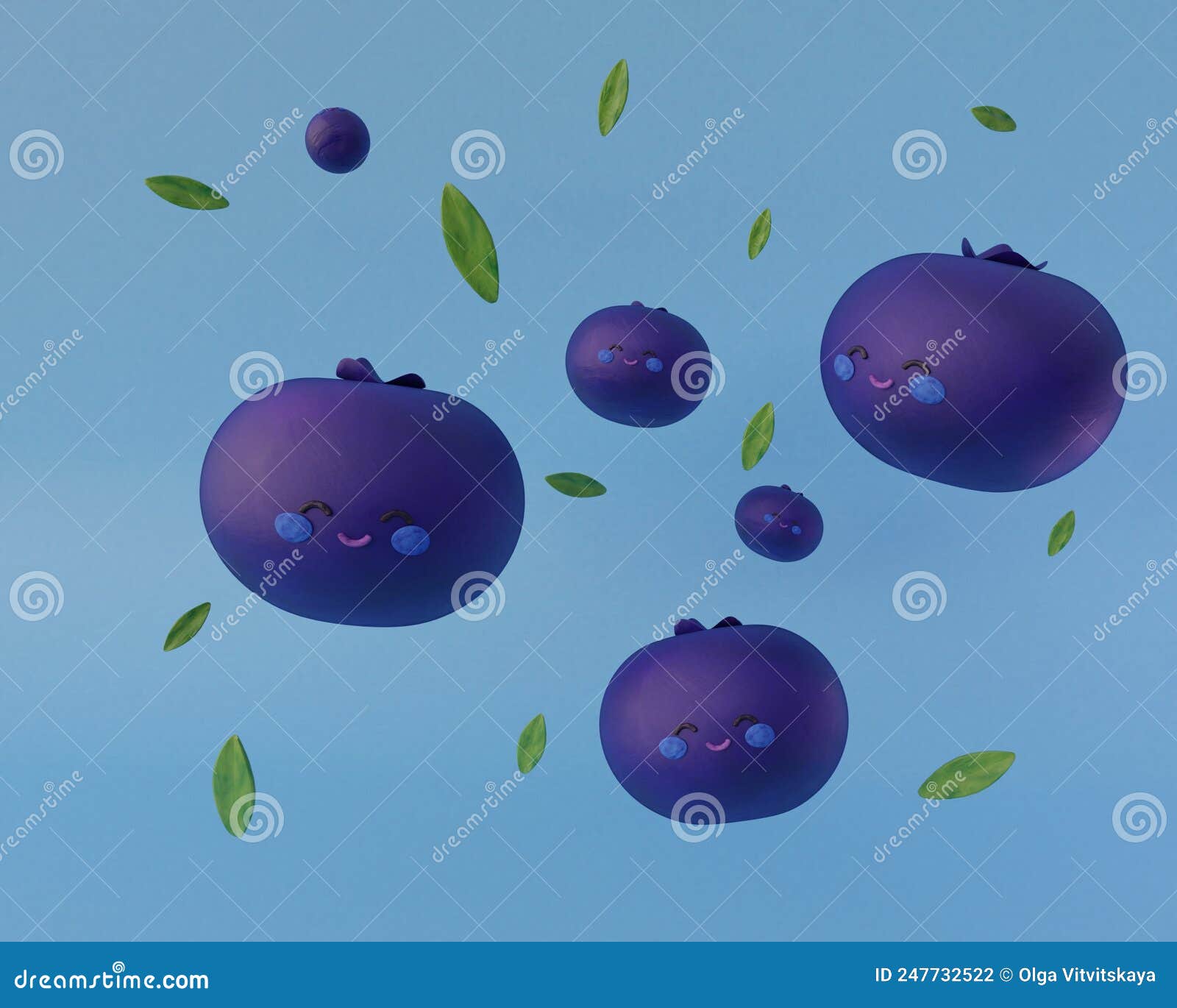 Cute Blueberry with Faces, Cheeks and Eyes, 3d Render Stock ...