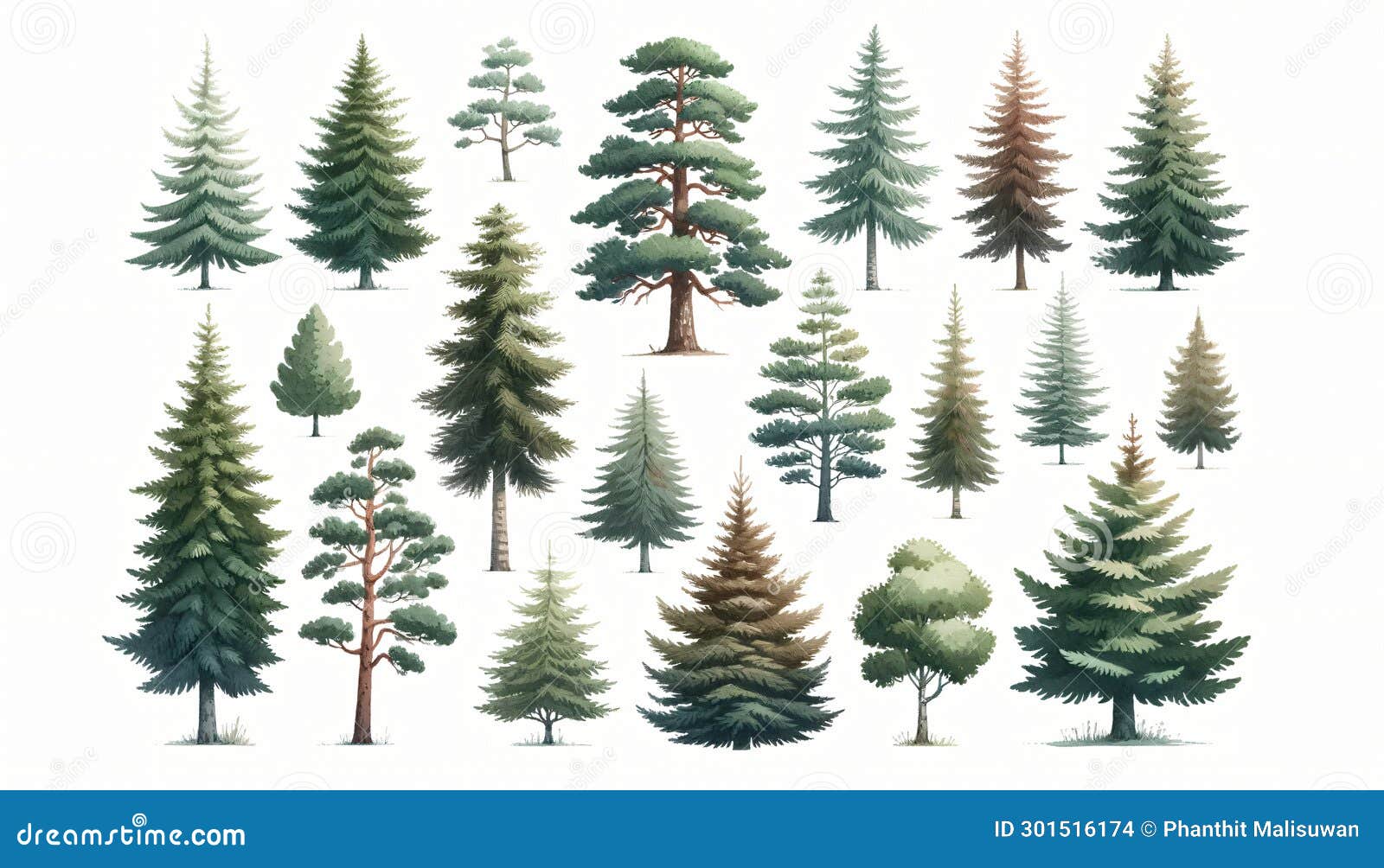 Cute Boho Collection, Pine Trees on White Background Stock Illustration ...