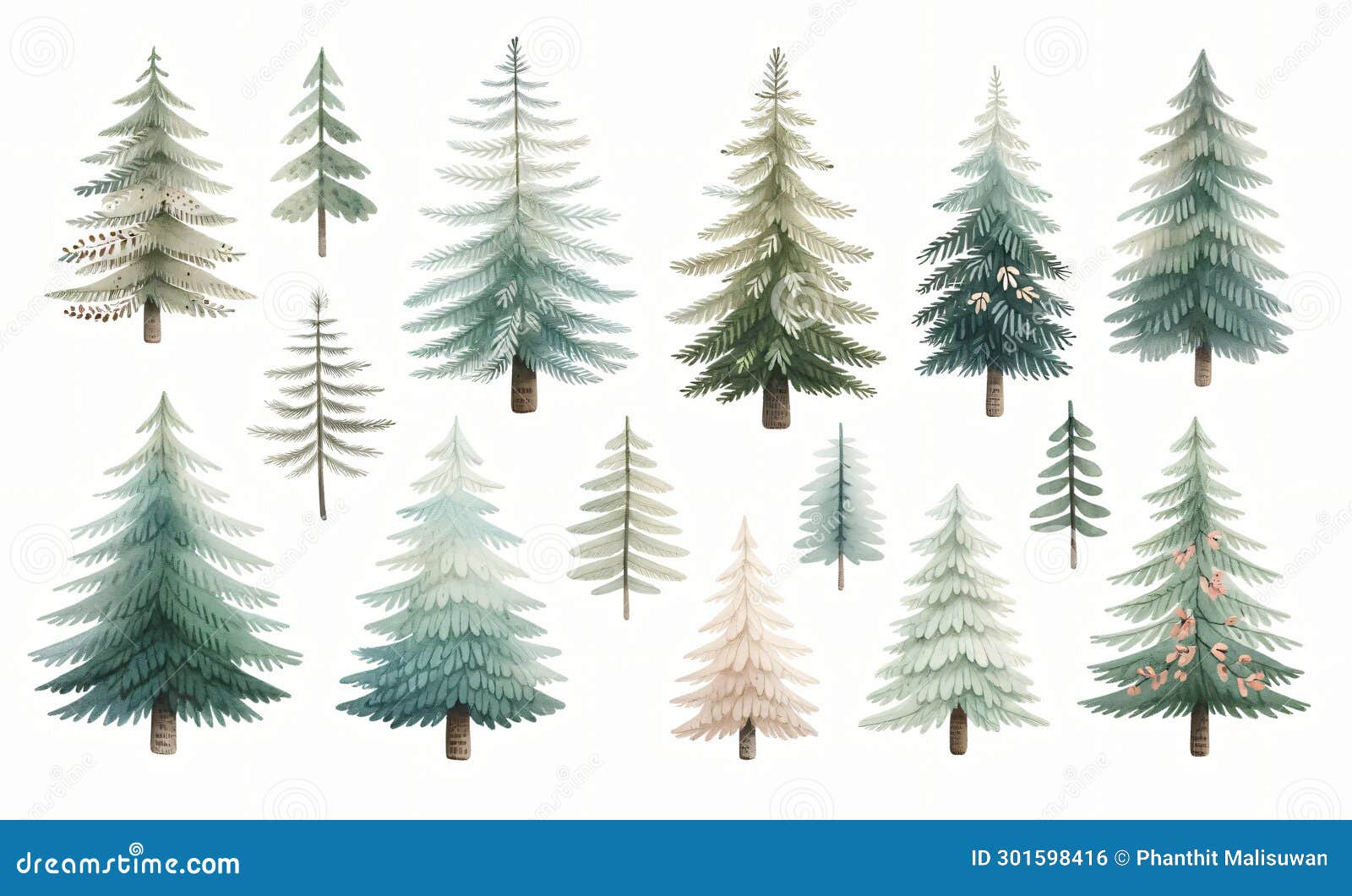 Cute Boho Collection, Pine Trees on White Background Stock Illustration ...