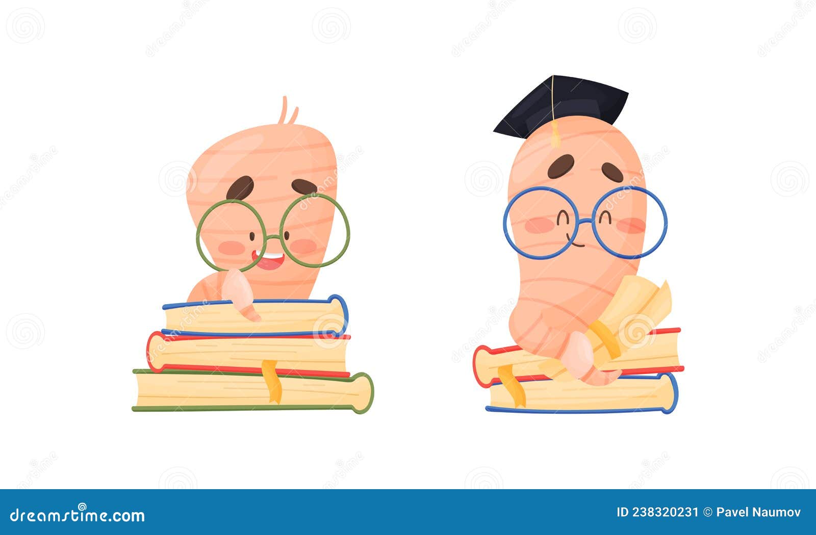 Cute Book Worm Character in Glasses with Book in Hard Cover Vector Set ...