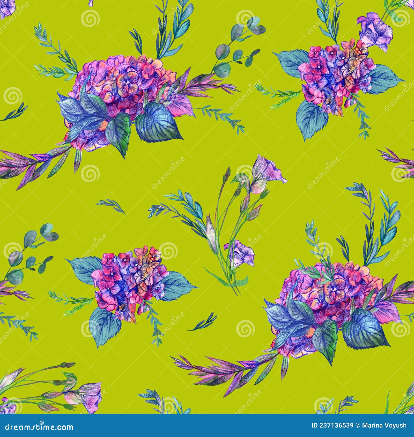 Cute Botanical Pattern with Pink Hydrangea Flowers, Leaves and Herbs on ...