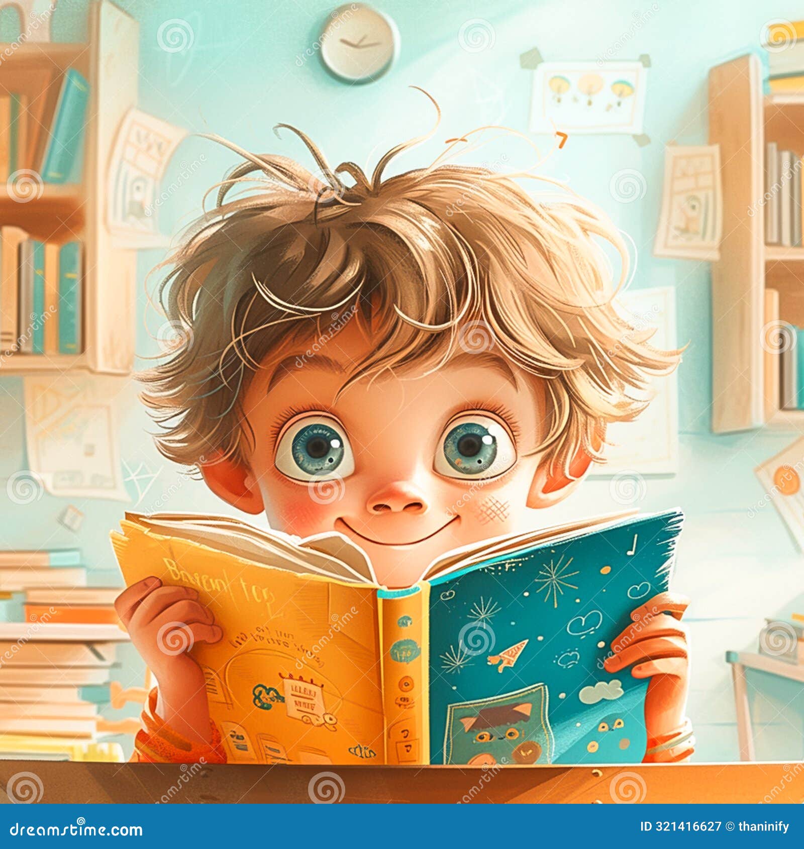 Cute Boy with Big Eyes Reading a Book in a Classroom Stock Illustration ...