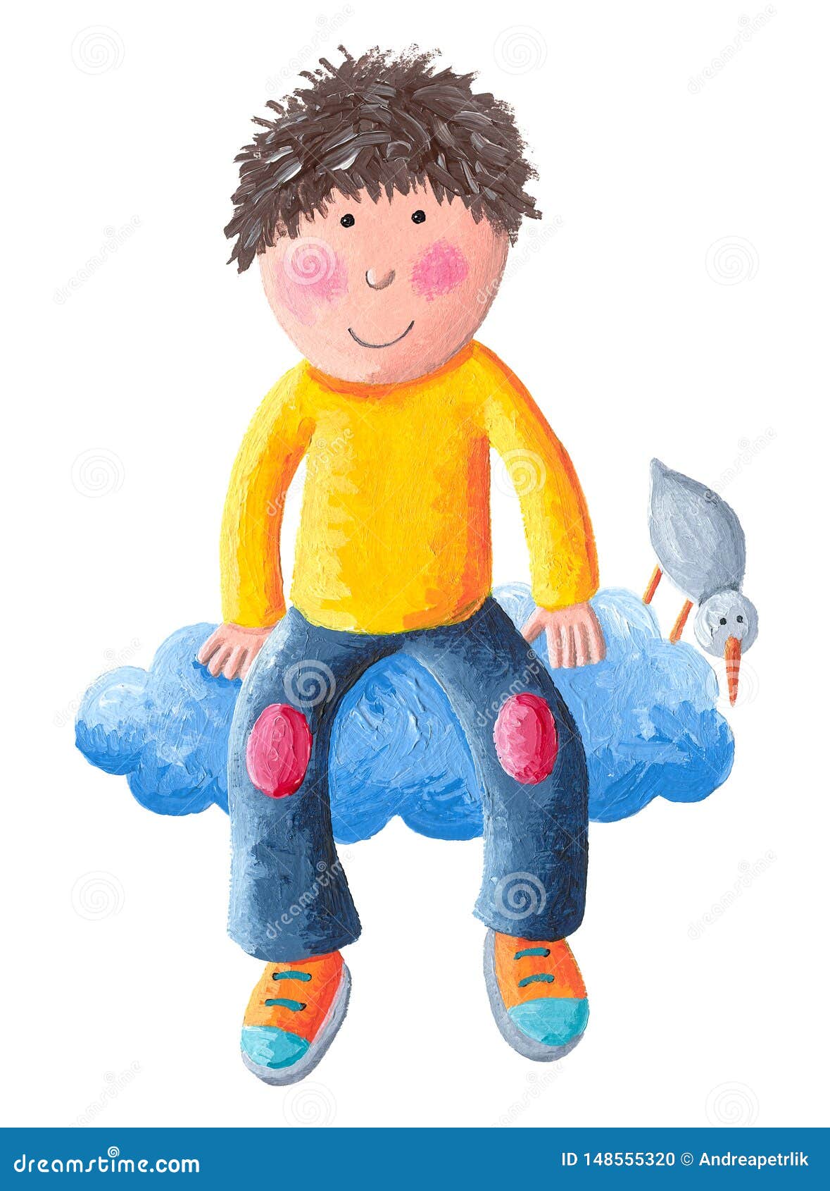 A Cute Boy and a Bird Sitting on the Cloud Stock Illustration ...