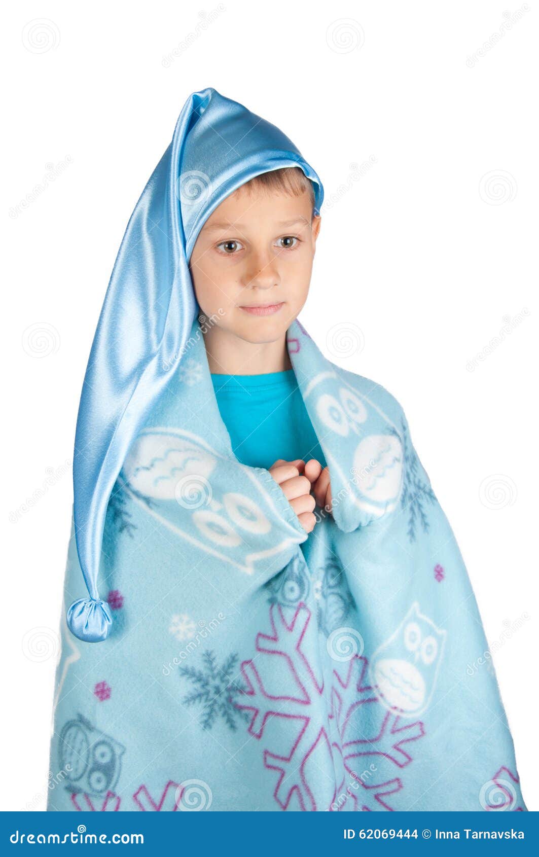 Cute Boy in Blue Sleeping Hat Isolated on White Stock Photo - Image of ...