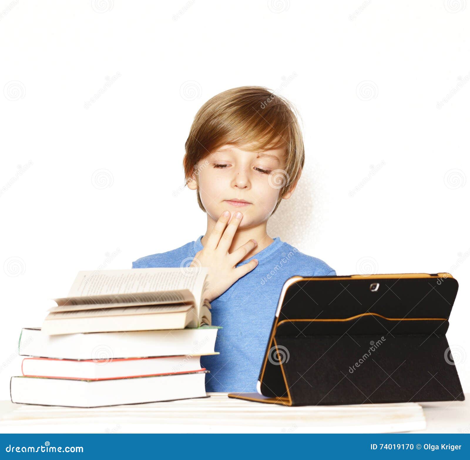 Cute Boy with Books and Electronic Tablet Stock Photo - Image of ...