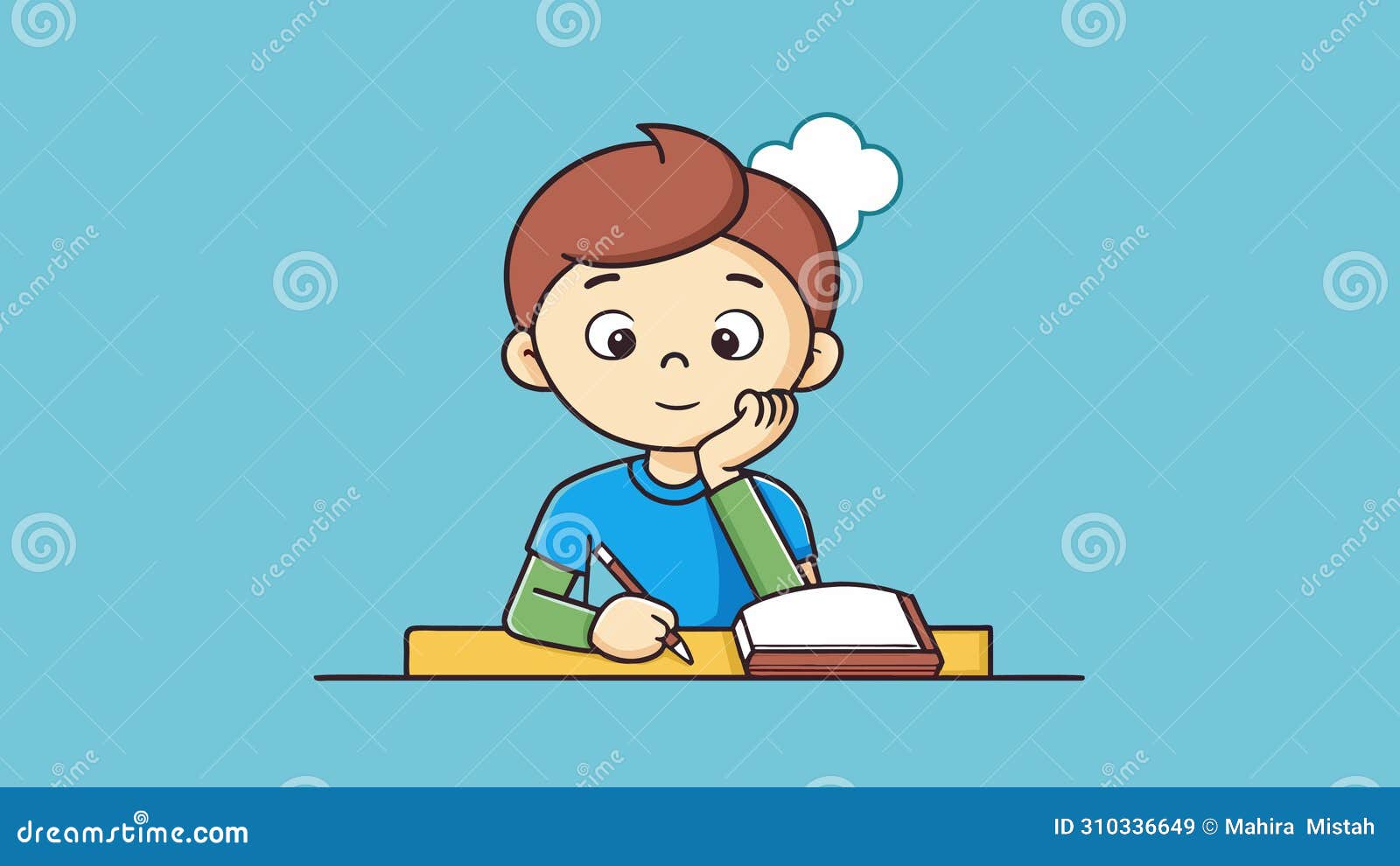 Cute Boy Thinking while Working on His School Project Stock Vector ...