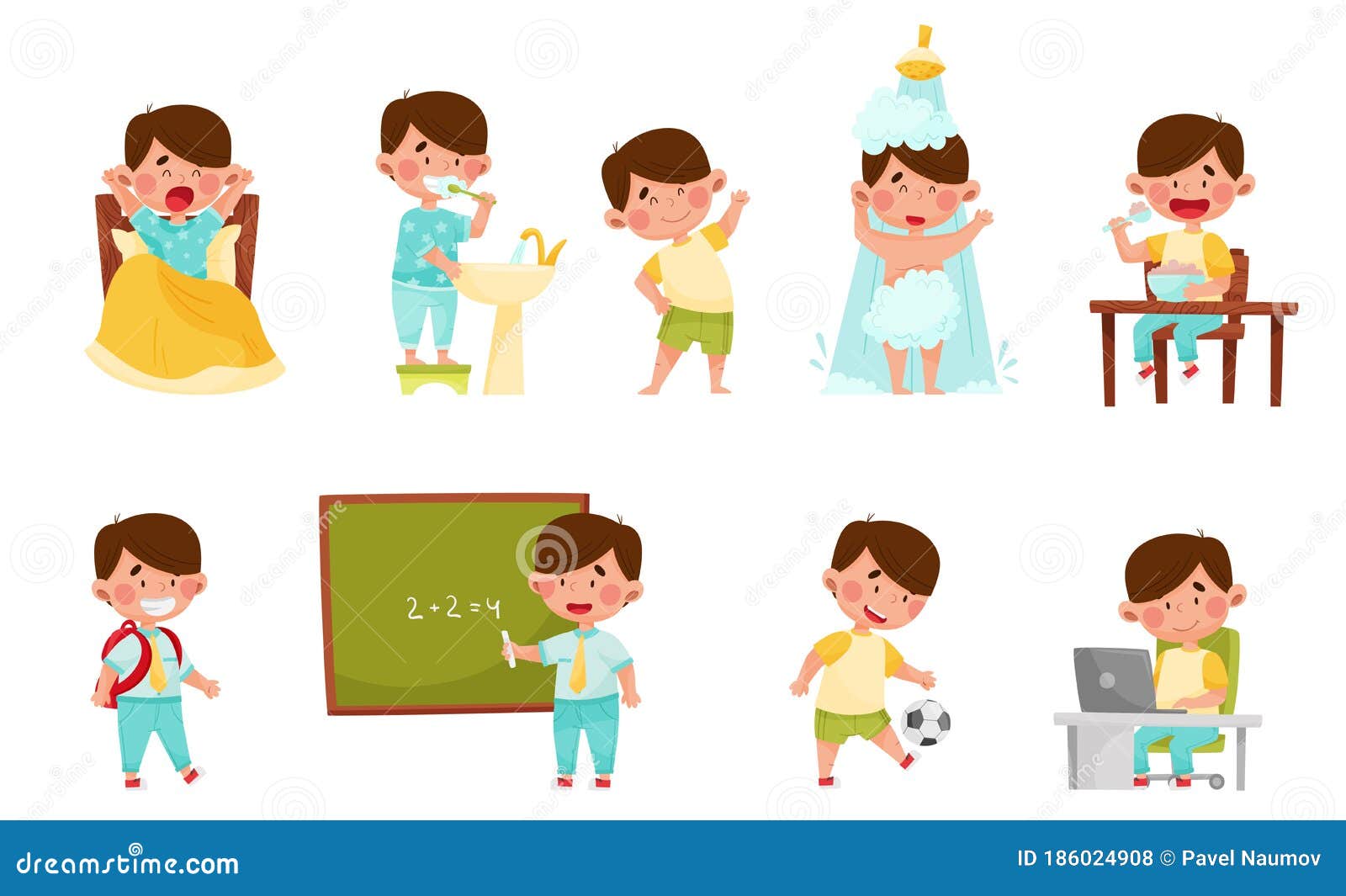 Cute Boy Character Waking Up, Brushing His Teeth and Doing Physical ...