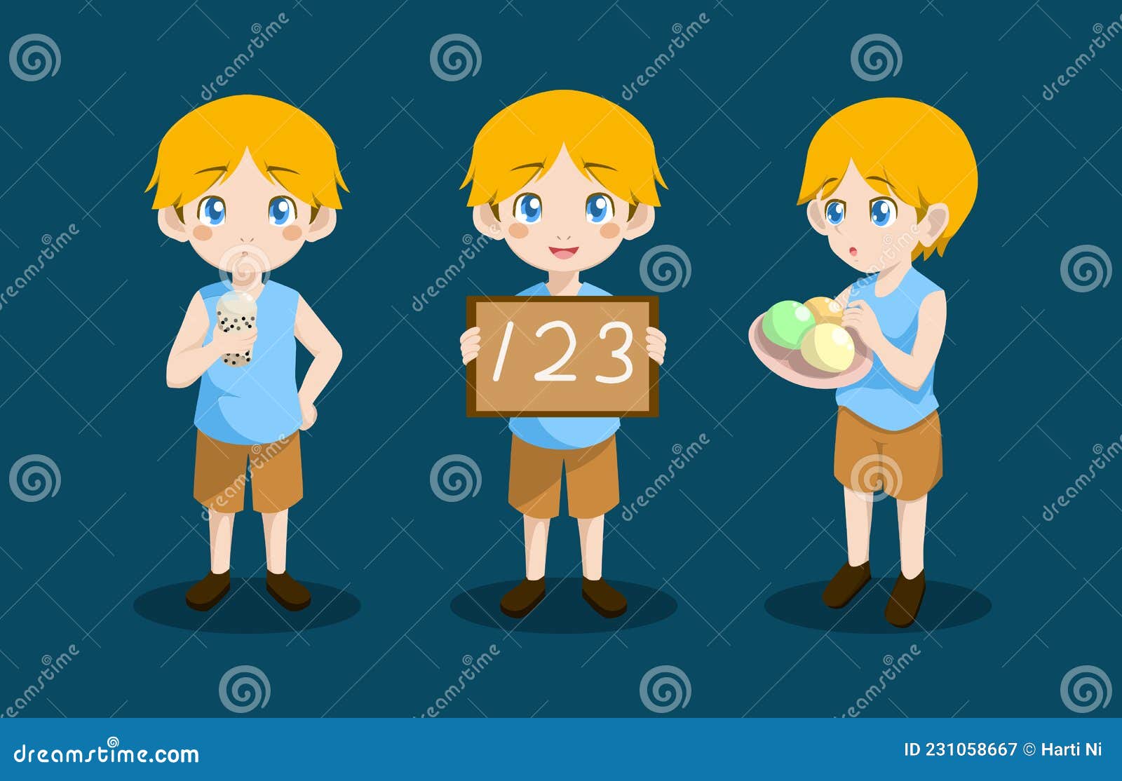 Cute Boy Child Kid Standing Front View Vector Cartoon Set Stock Vector ...