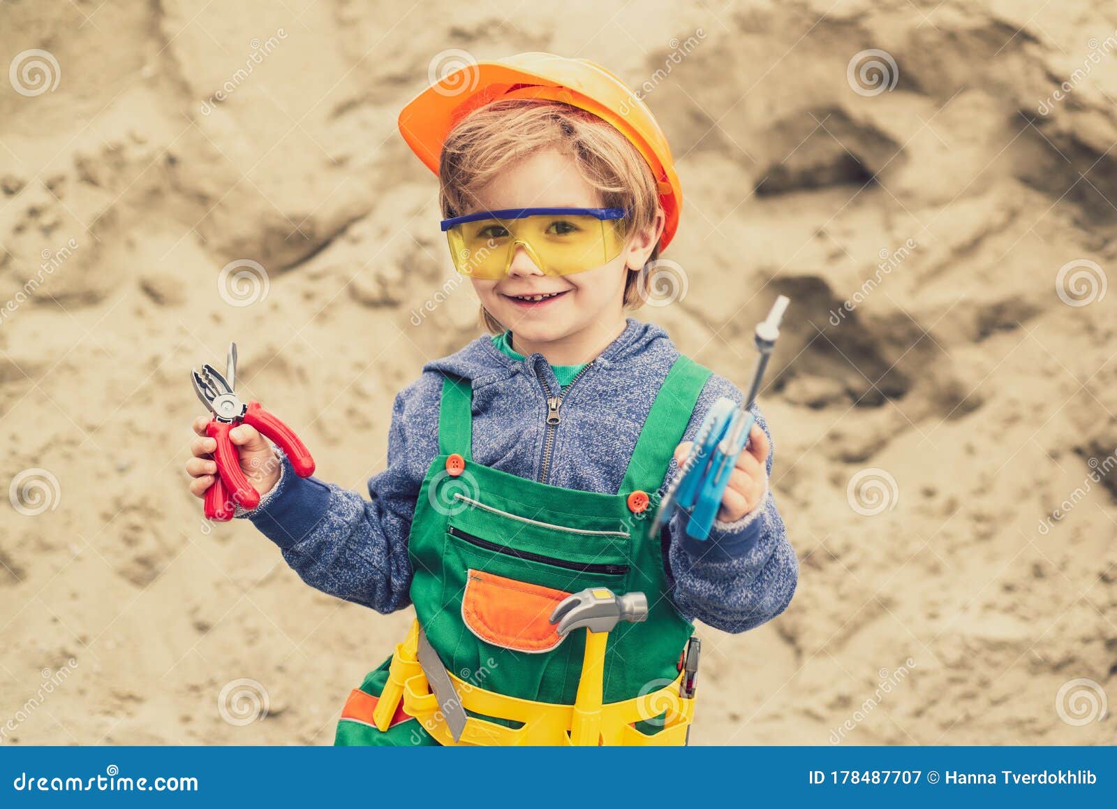 Cute Boy with Construction Tools. Little Builder. Construction Engineer ...