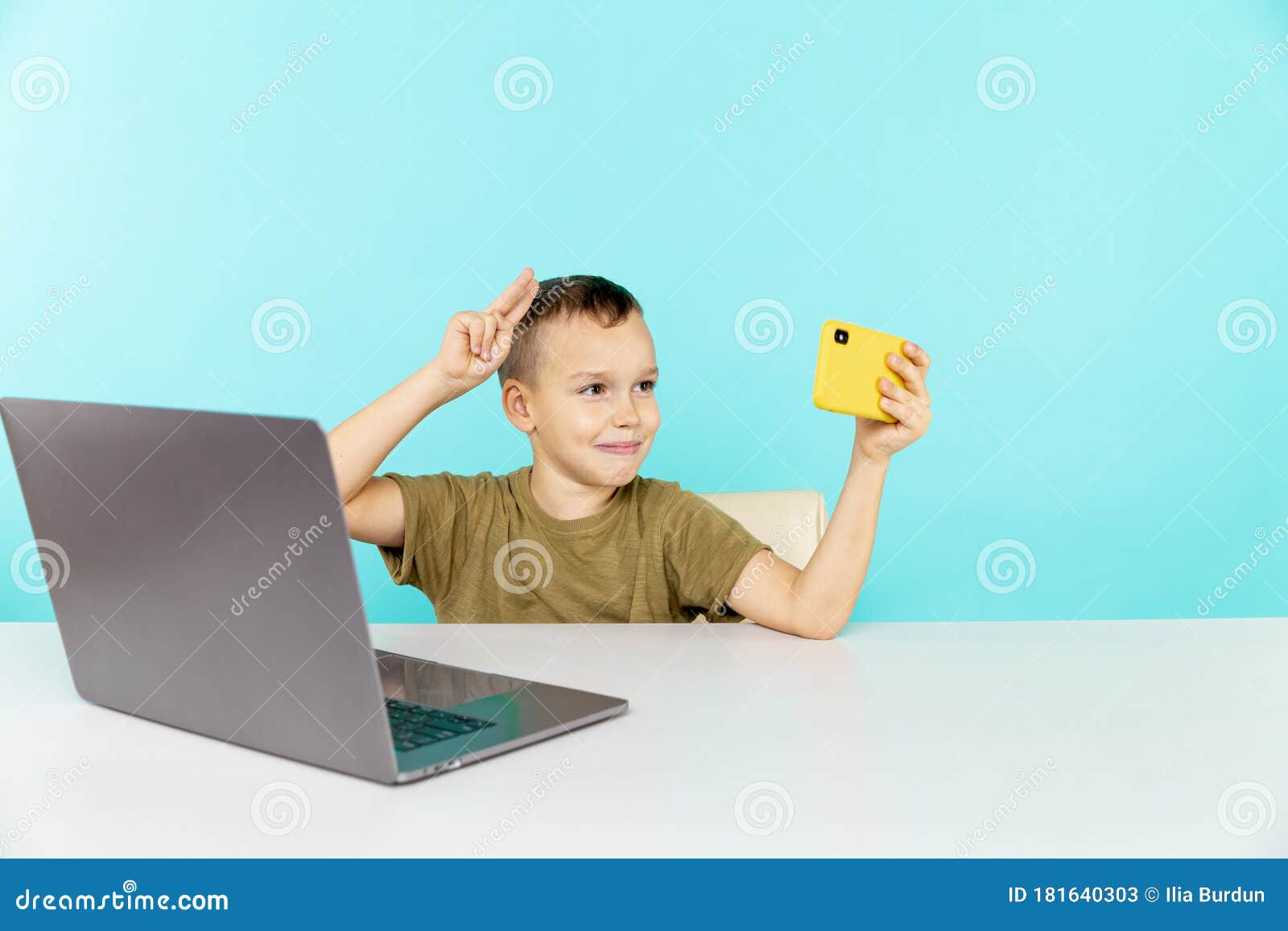 Cute Boy on the Distance Learning. Kid Using Video Connection To Talk ...