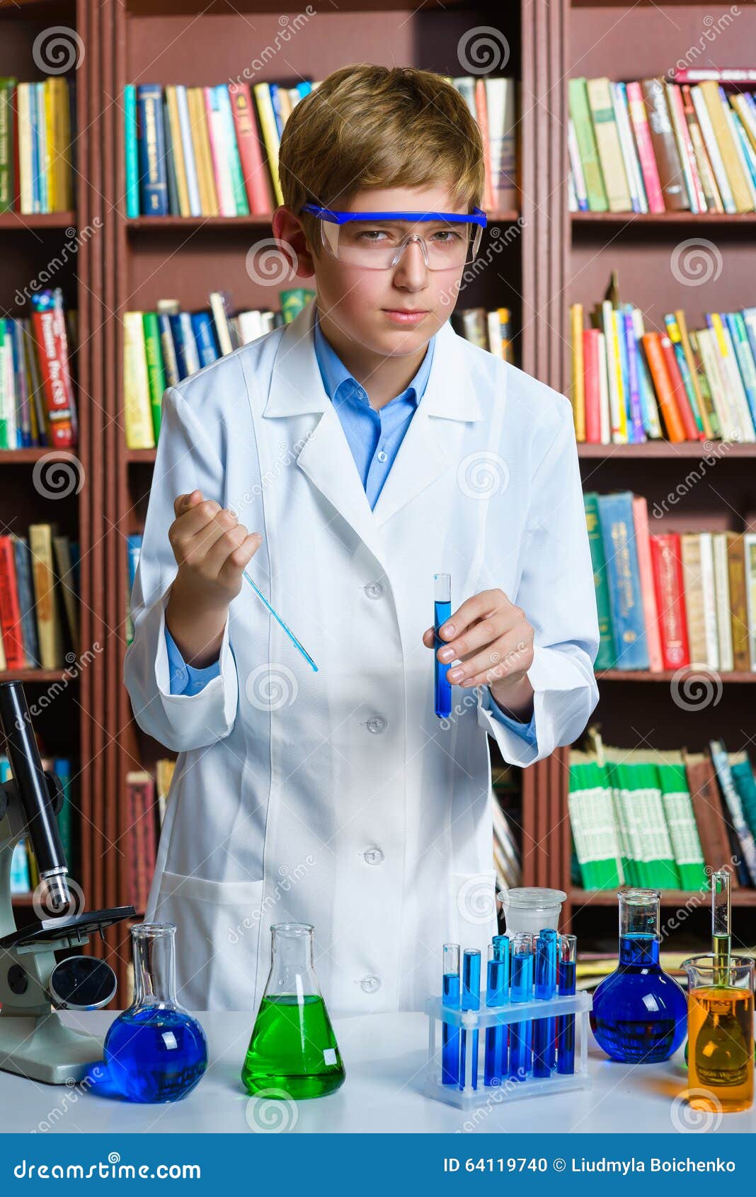 Cute Boy Doing Biochemistry Research in Chemistry Stock Photo - Image ...