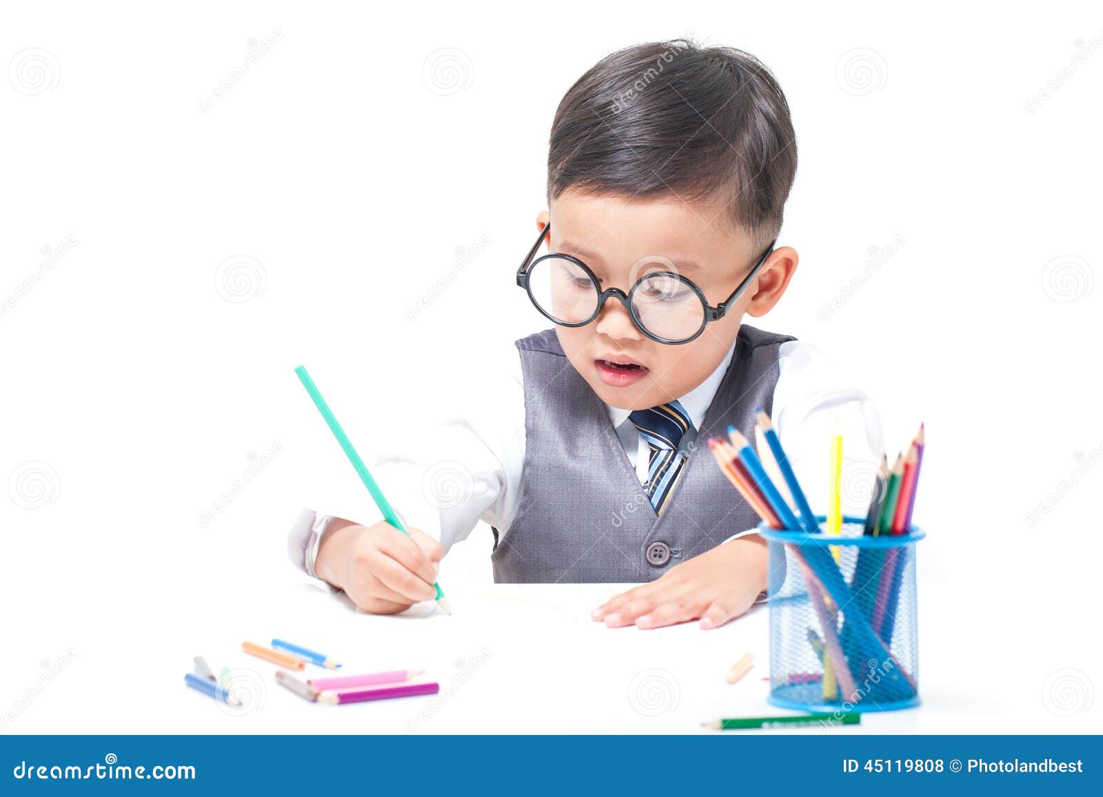 Cute Boy Drawing with Colorful Crayons Stock Photo - Image of lesson ...