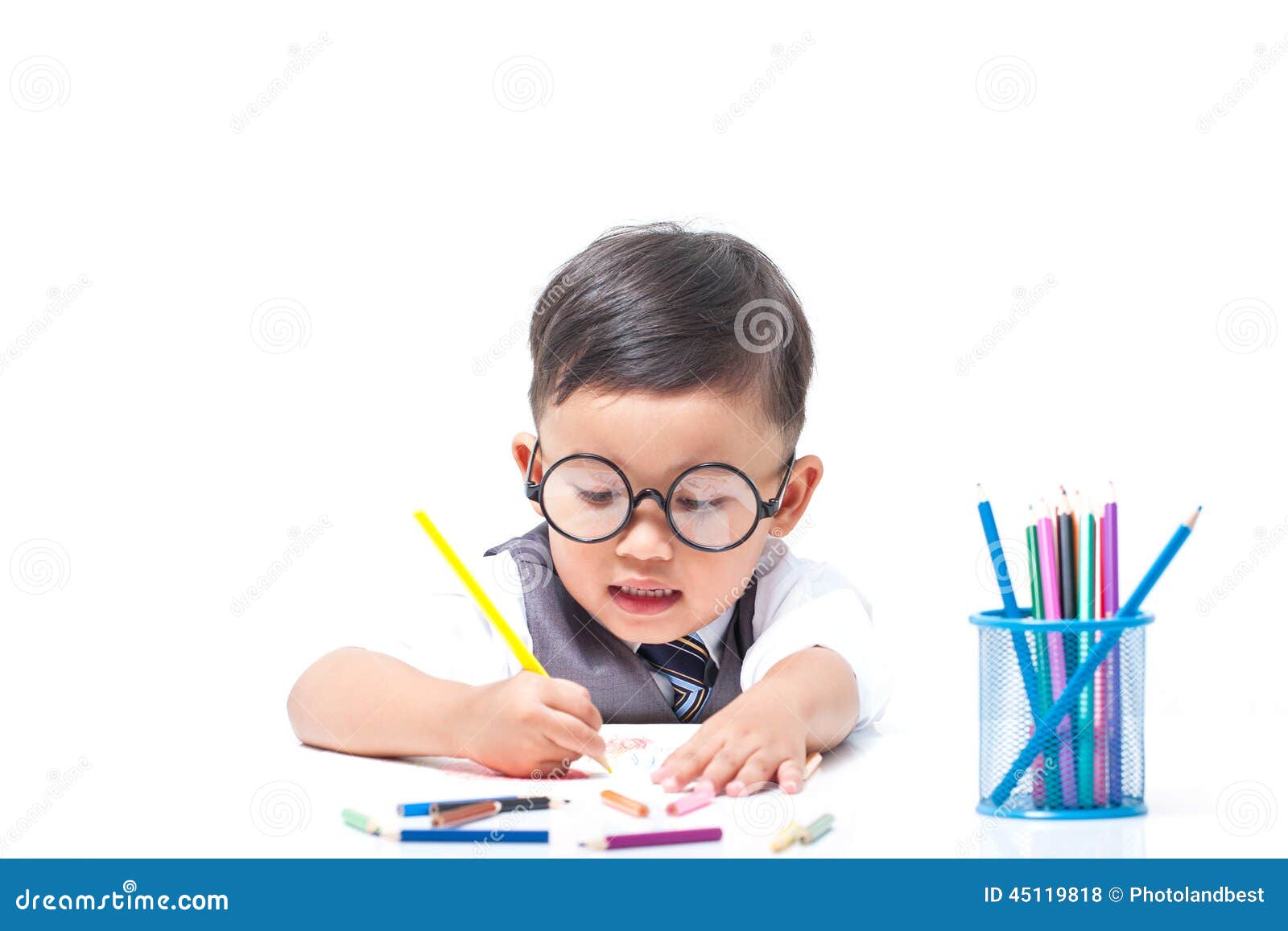 Cute Boy Drawing with Colorful Crayons Stock Photo - Image of beautiful ...