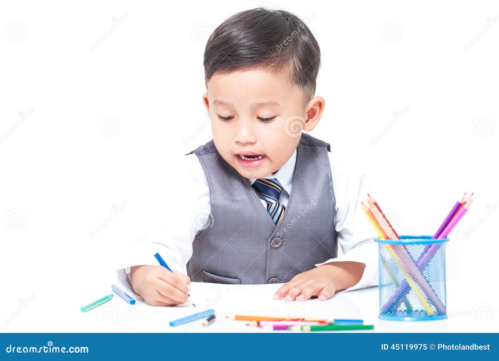 Cute Boy Drawing with Colorful Crayons Stock Image - Image of colorful ...