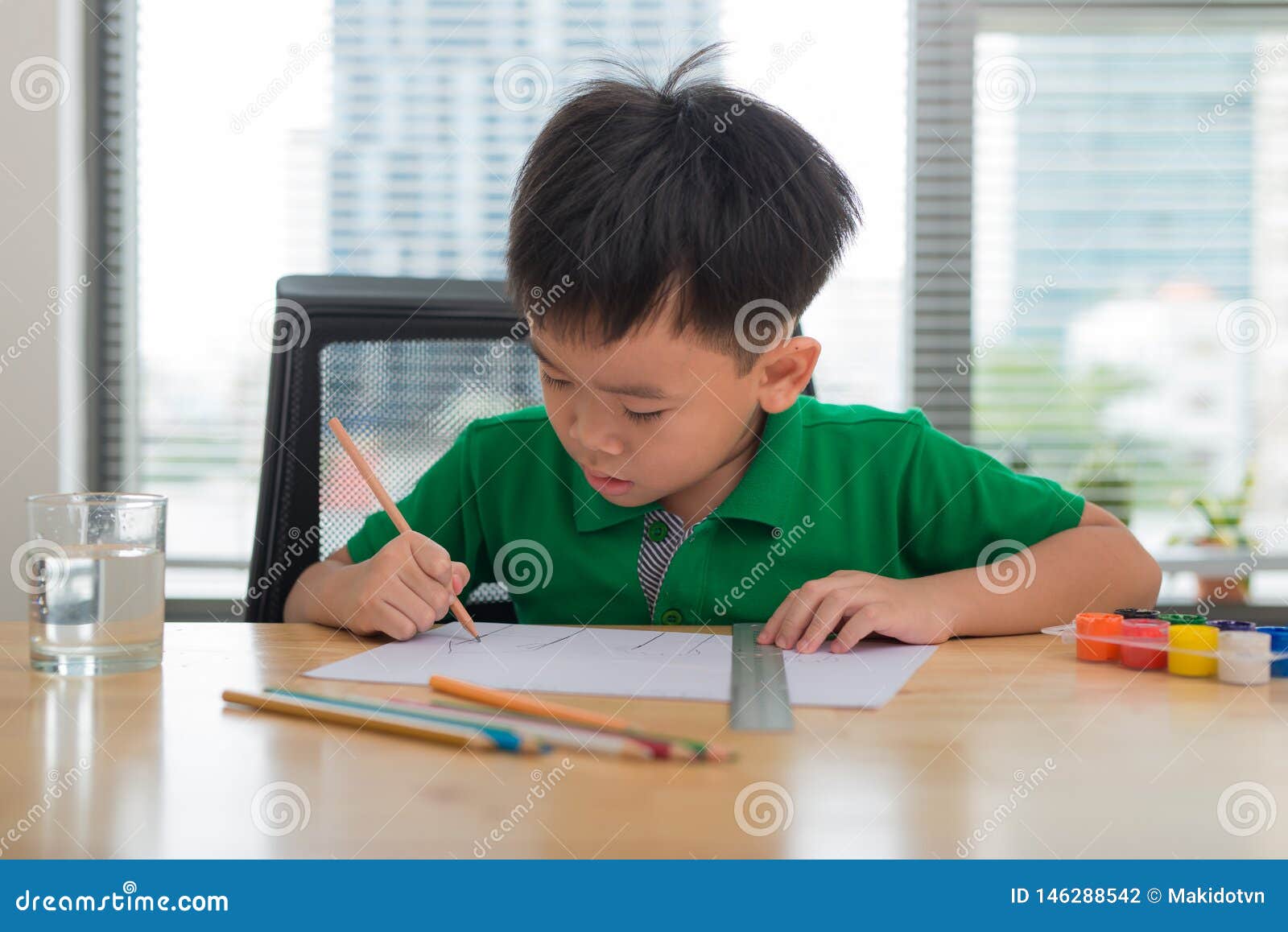 Cute Boy is Drawing Using Color Pencils, Isolated Over White Stock ...