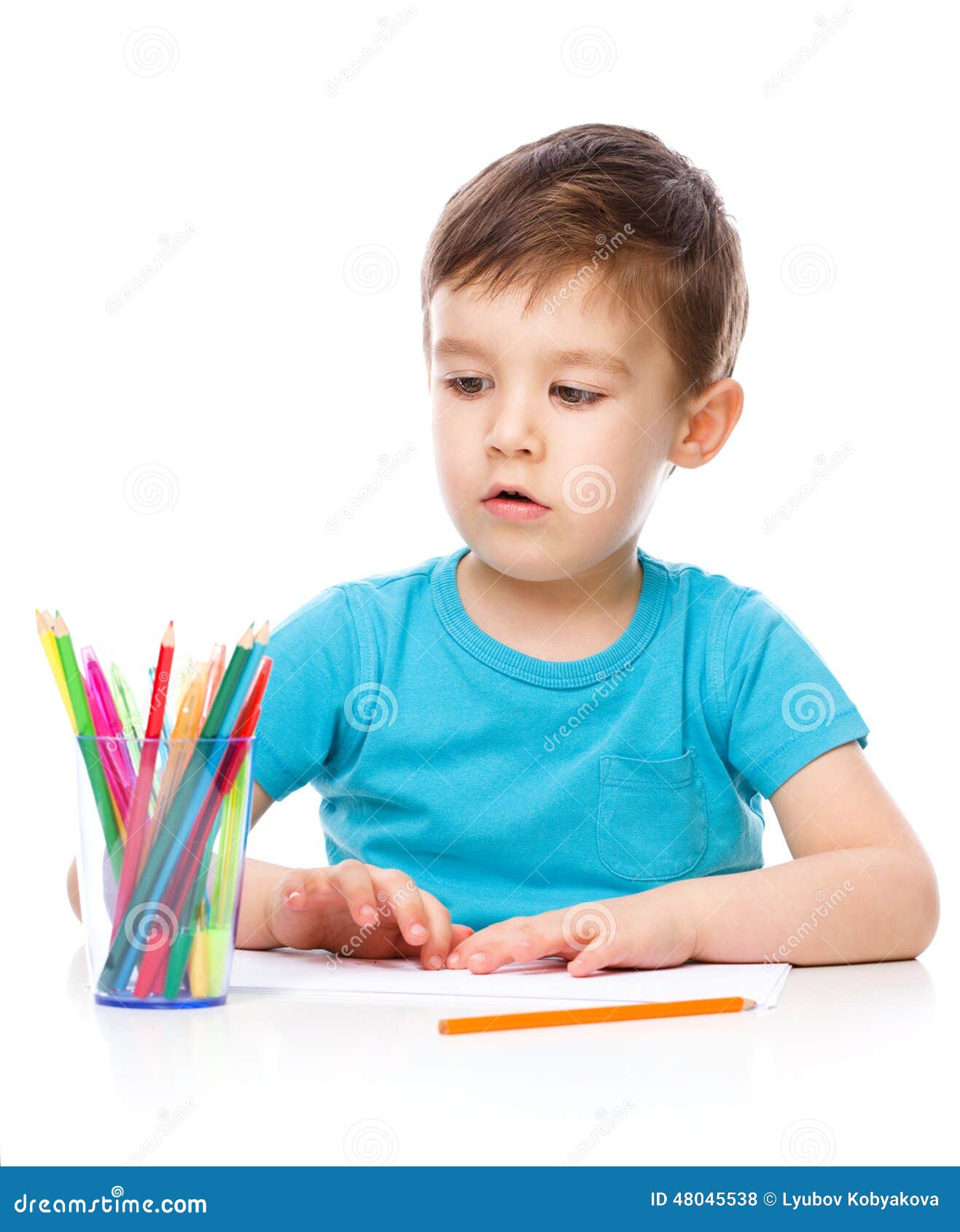 Cute Boy is Drawing Using Color Pencils Stock Photo - Image of learn ...