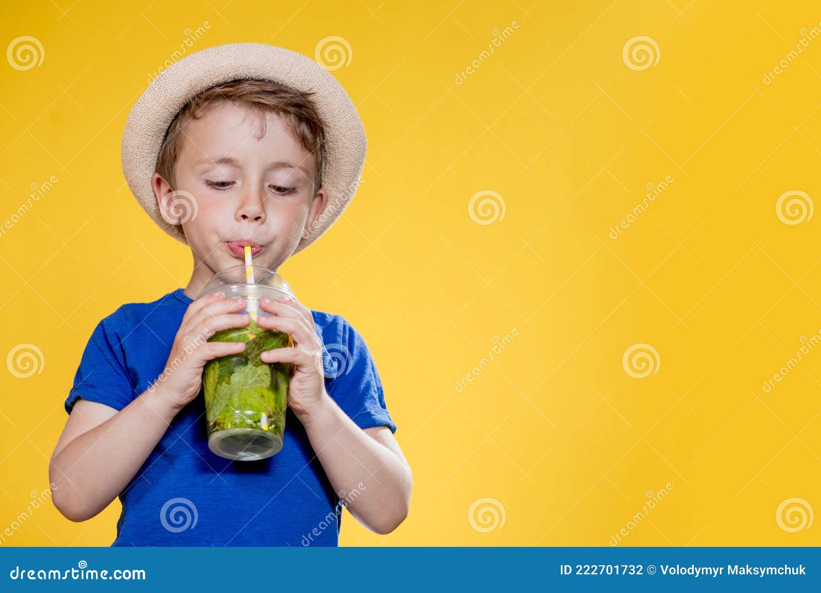 Cute Boy Drink Mojito Cocktail From Plastic Cup Over Yellow Studio ...
