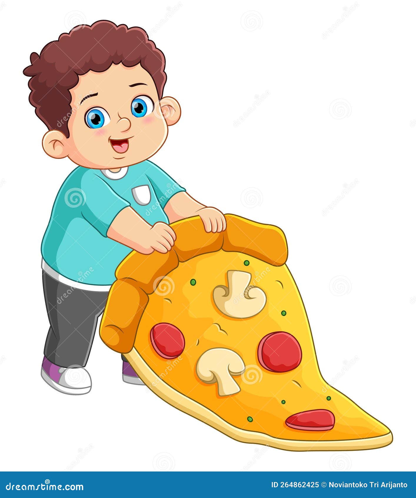 A Cute Boy Eating a Big Pizza Slice Stock Vector - Illustration of ...