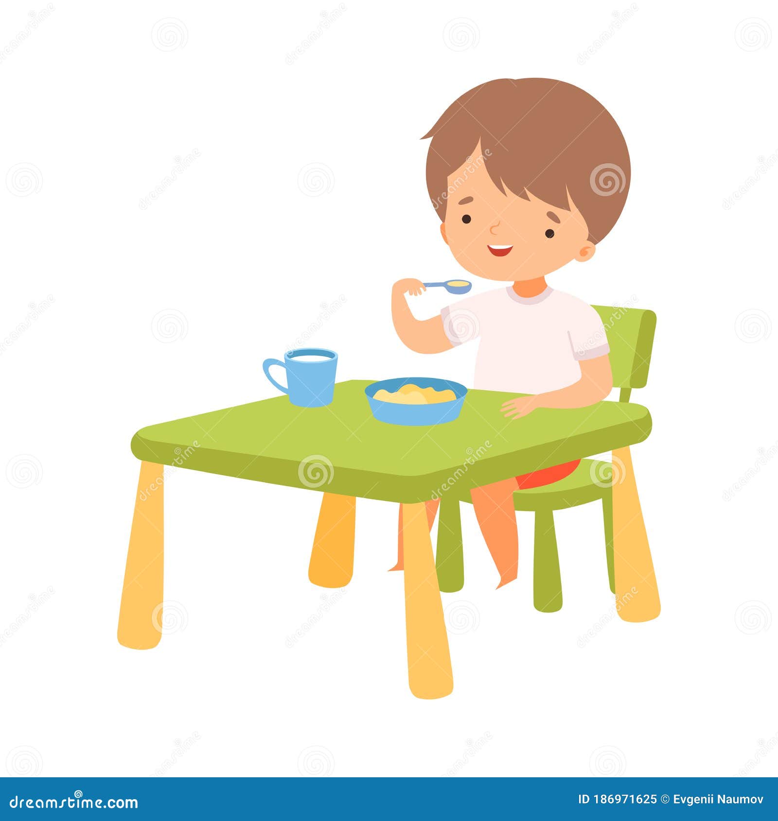 Cute Boy Eating Breakfast at the Table, Preschool Kid daily Routine ... Cute Boy Eating Breakfast at the Table, Preschool Kid daily Routine ...