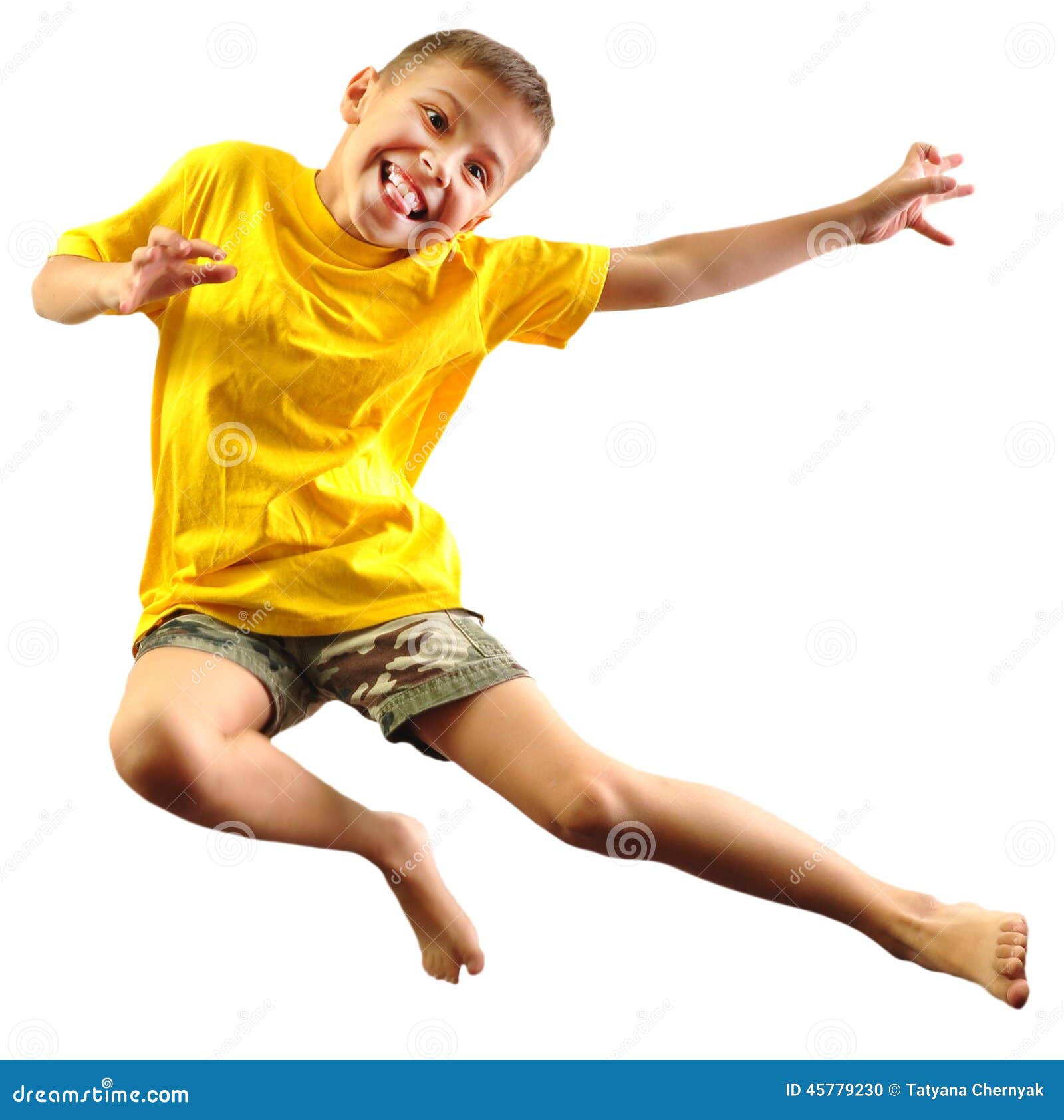 Cute Boy Exercising and Jumping Over White Stock Photo - Image of ...