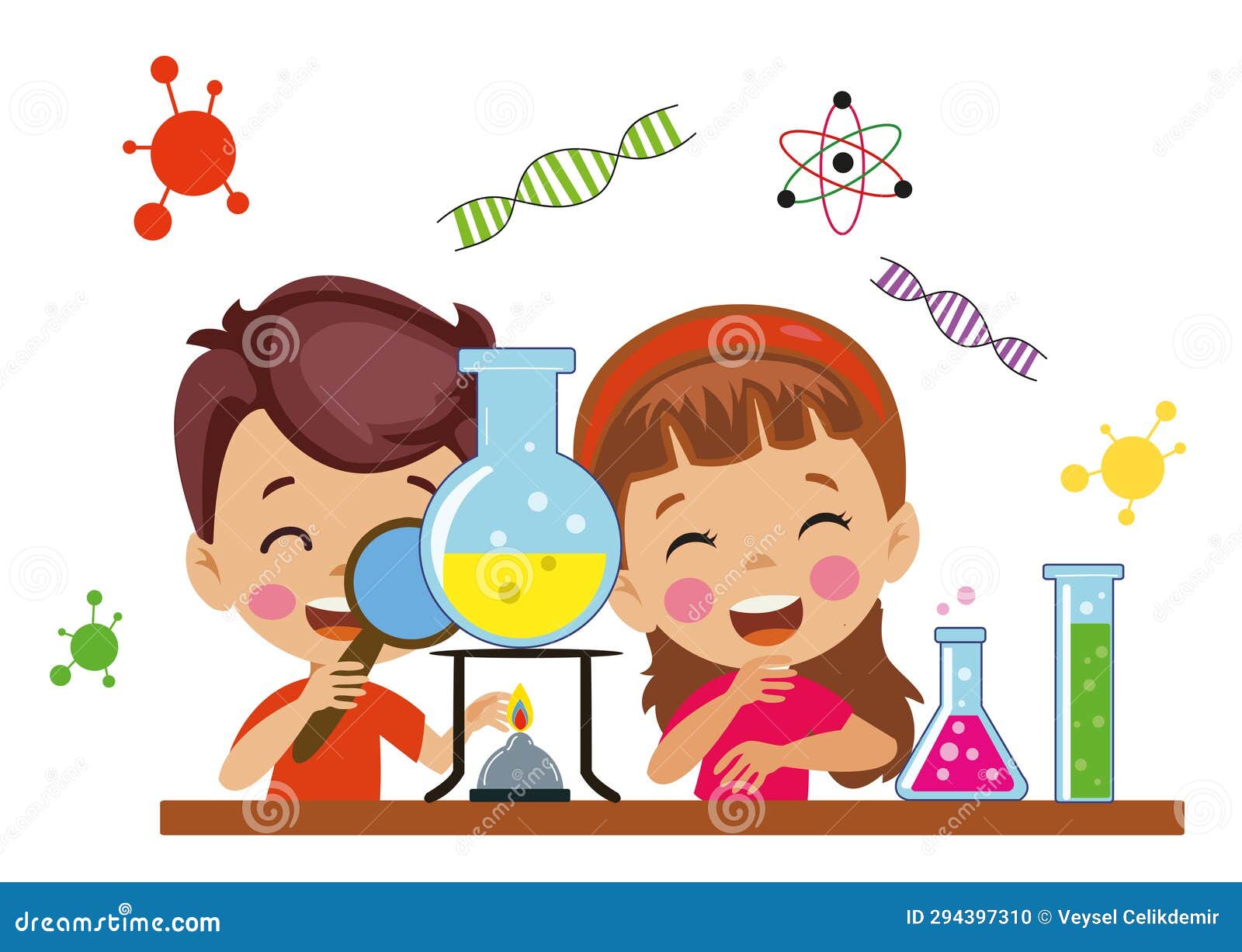 Cute Boy and Girl Doing Science Experiment and Study Stock Illustration ...