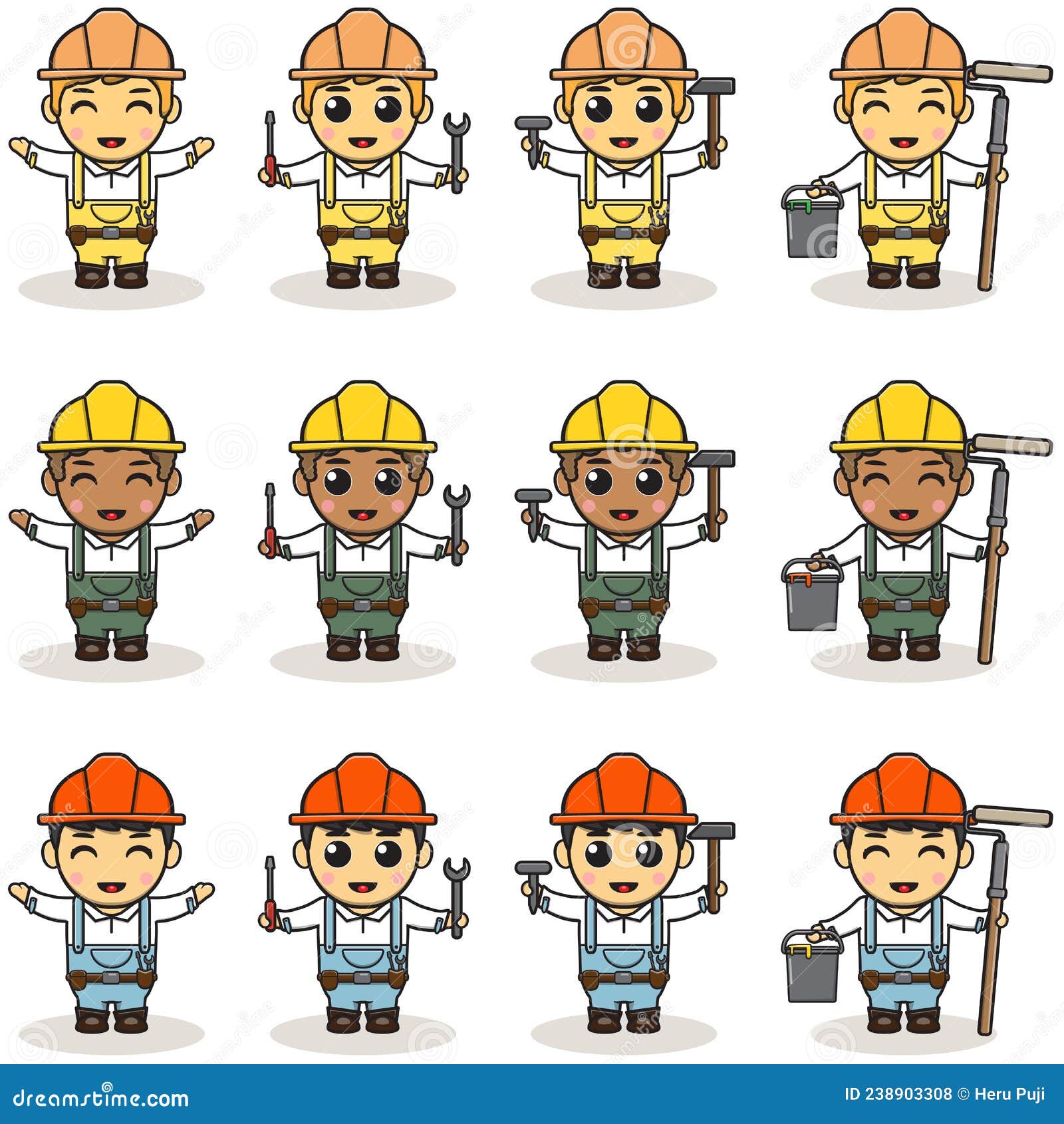 Vector Cartoon Illustration of Happy Handyman Hands Up Pose with Tools ...
