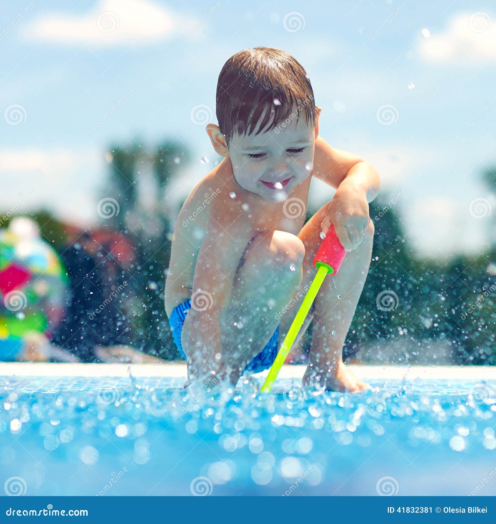 Cute Boy Having Fun, Playing Near the Pool Stock Image - Image of beach ...