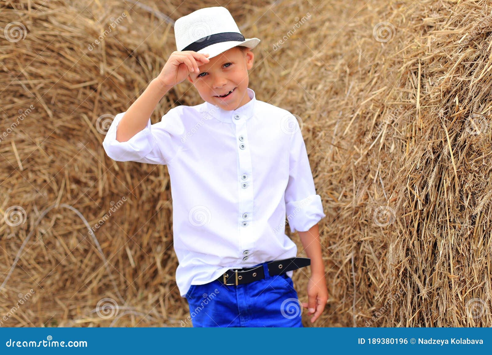 A Cute Boy is High Under the Sky on a Haystack in the Hay Season. Stock ...