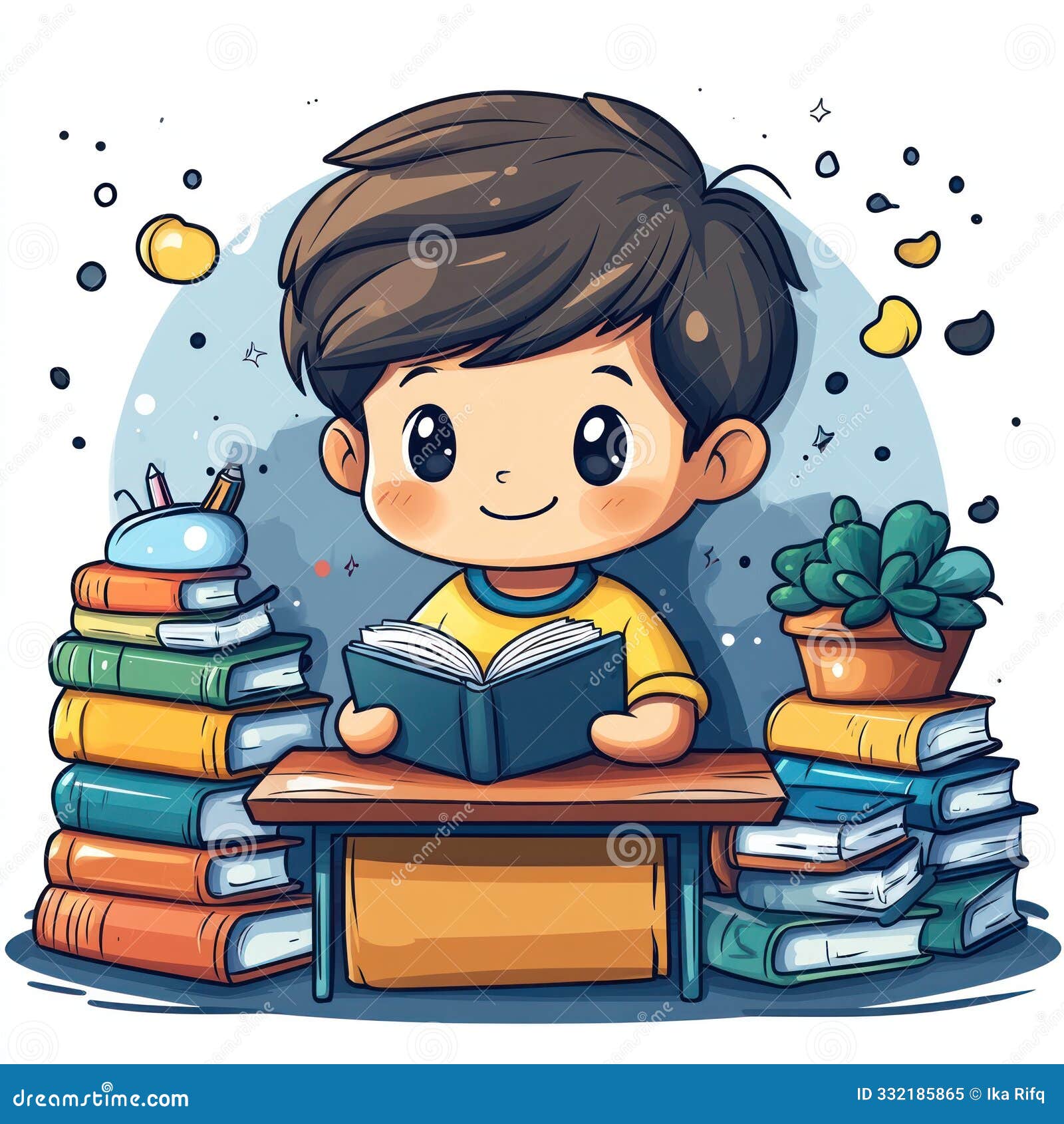 Cute Boy Illustration Reading Book with Stacks of Books on a Table ...