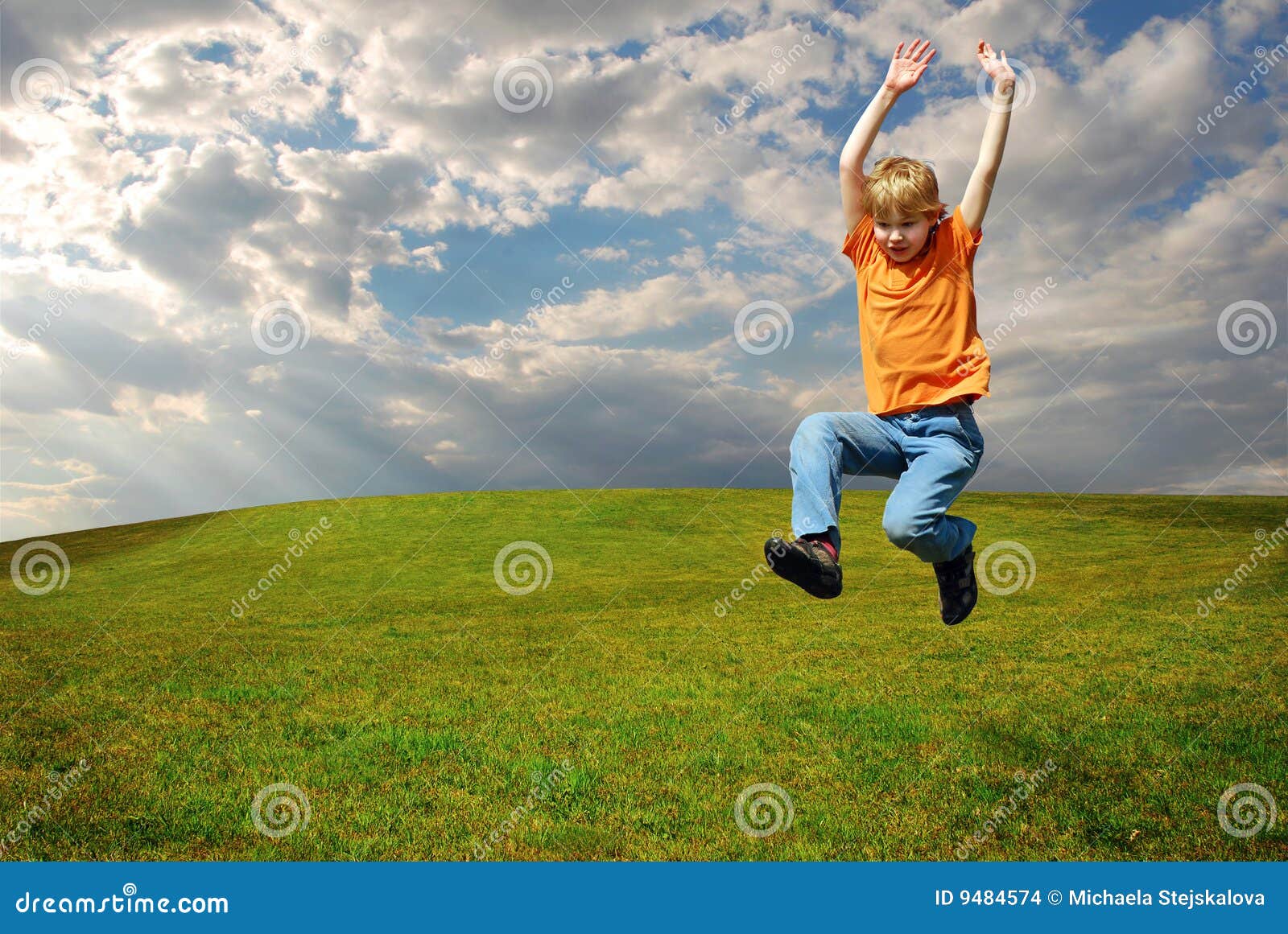 Cute Boy Jumping on Plain Meadow Stock Photo - Image of empty, athletic ...