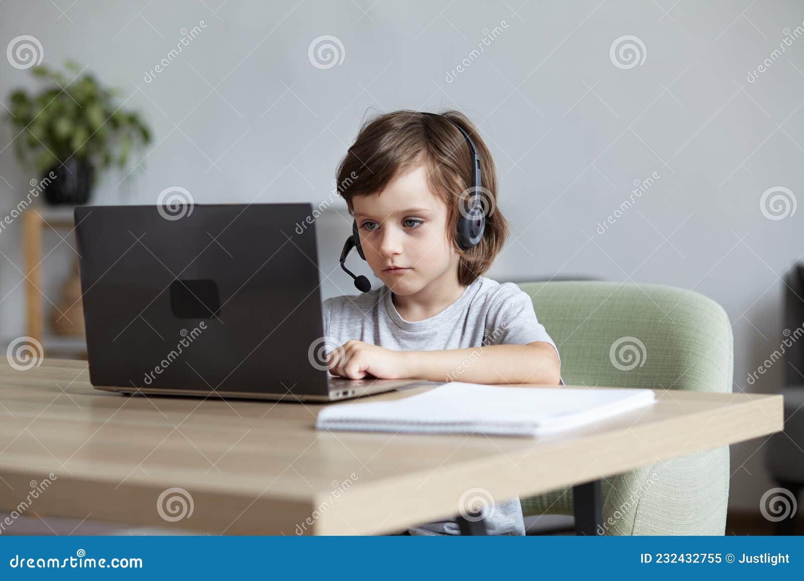 Cute Boy Learning Online Remotely by Video Call Using a Laptop. a ...