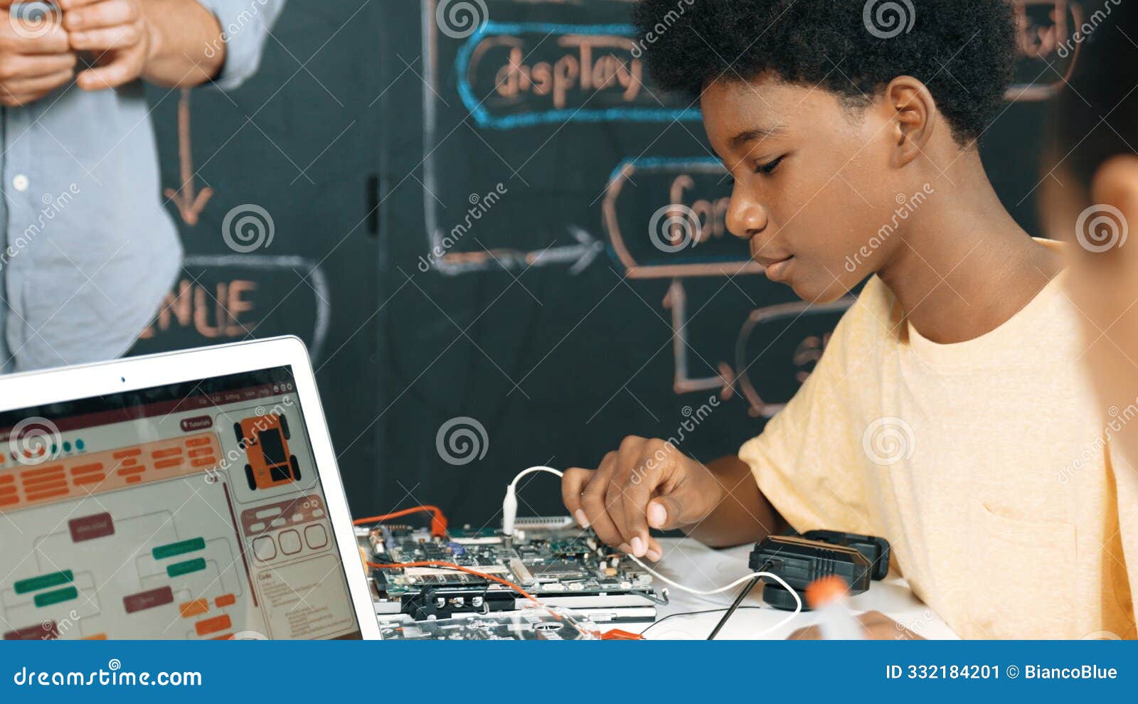 Cute Boy Learning To Use Electronic Tool while Laptop Display Code. Edification. Stock Image ...