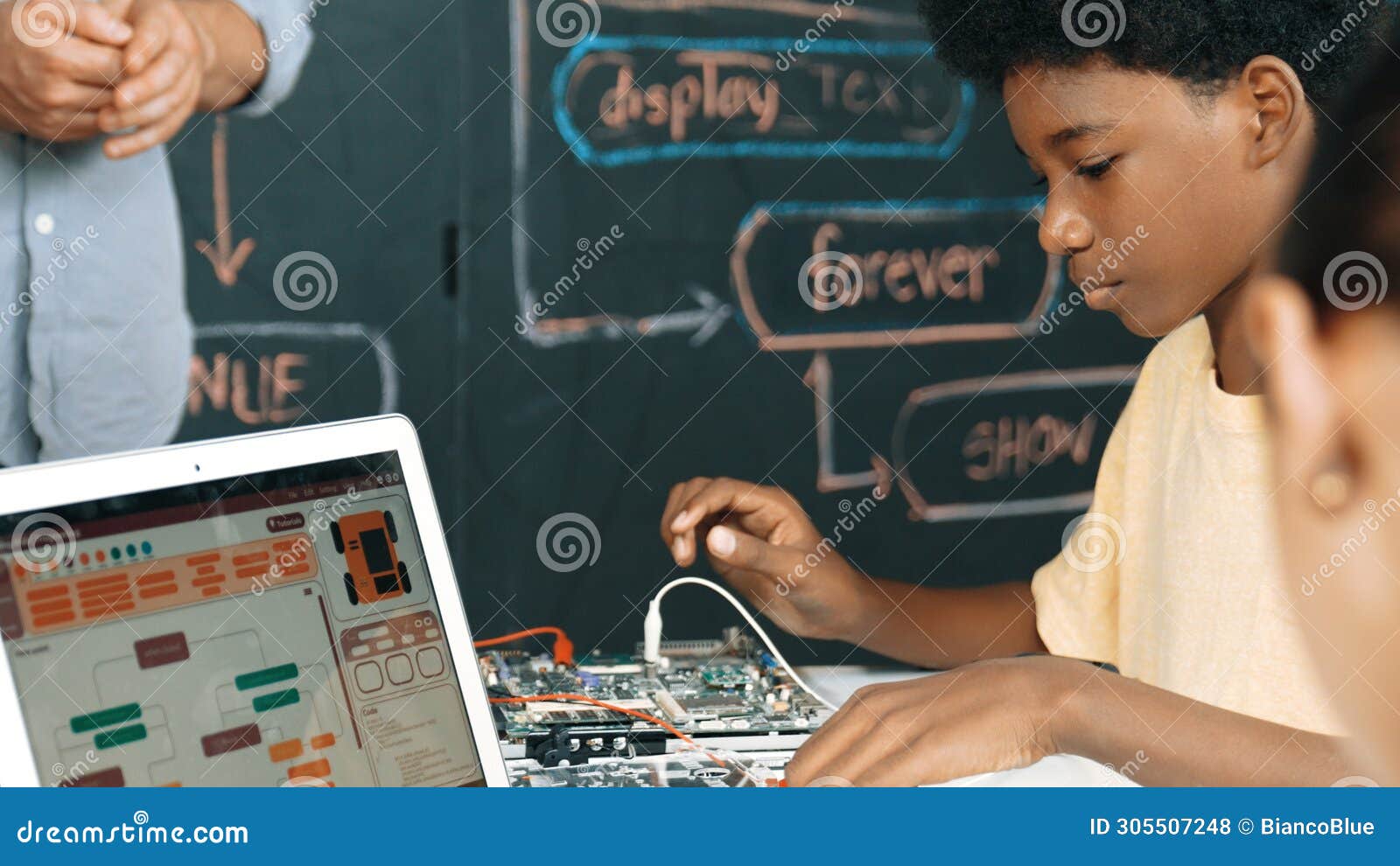 Cute Boy Learning To Use Electronic Tool while Laptop Display Code. Edification. Stock Photo ...